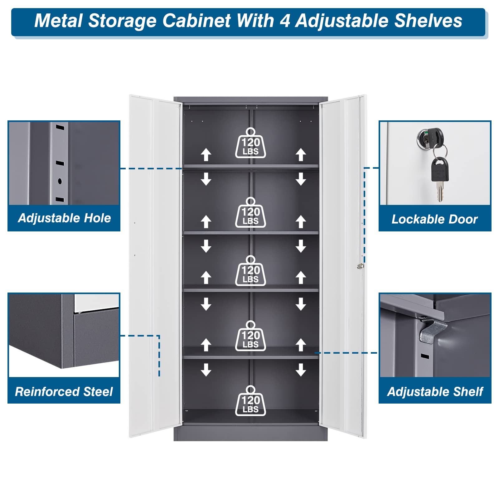 PEUKC Metal Garage Storage Cabinet, 71-inch Tall Cabinet with Adjustable Shelves & Locking Doors, Tool Cabinets for Garage,Office,Home,School,Gym (Grey White)