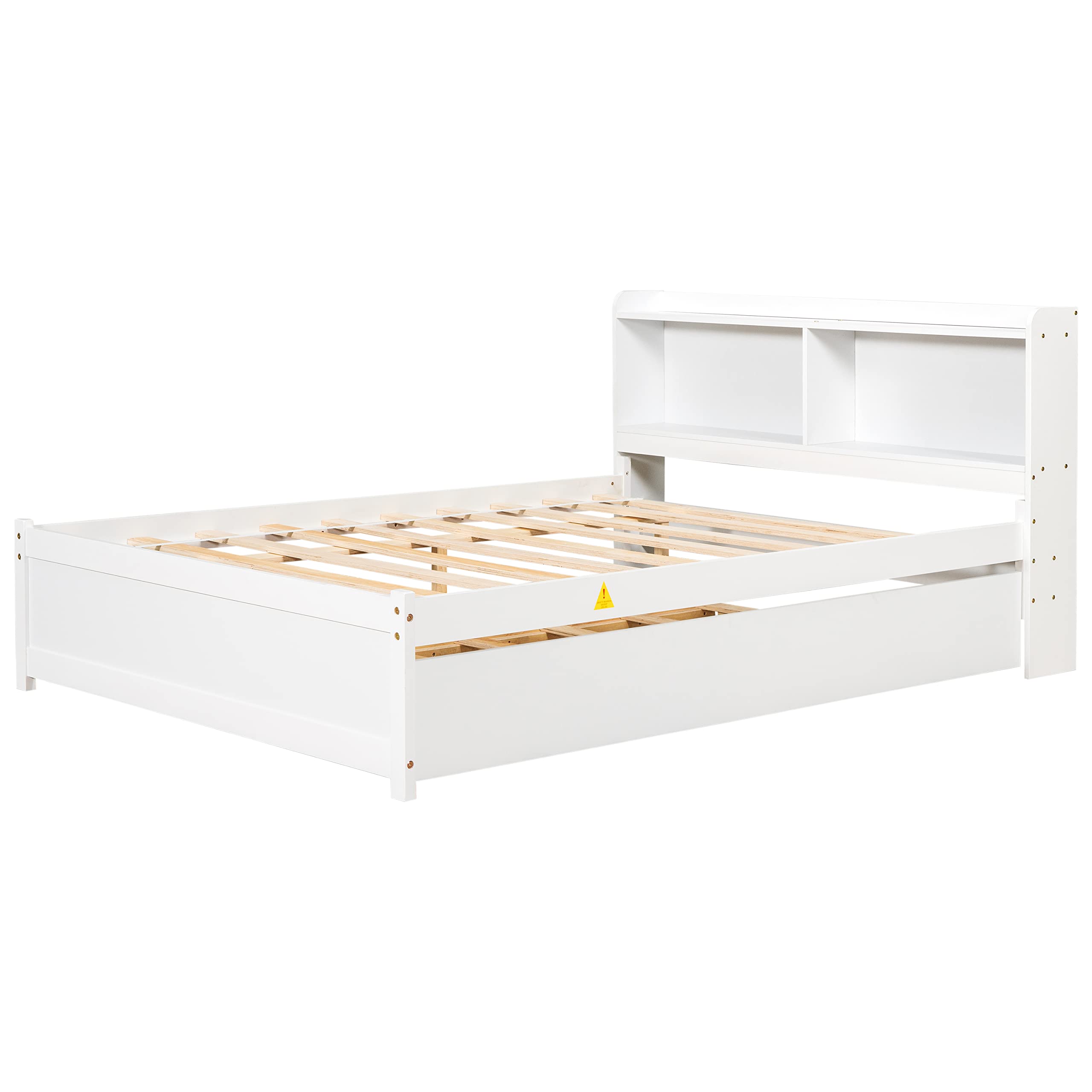 Lifeand Full Wooden Bed with Trundle,Bookcase,White