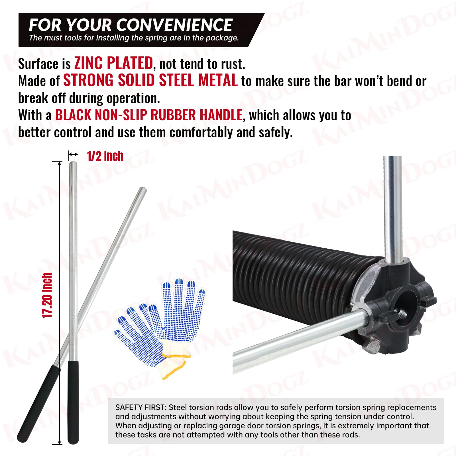 KaiMinDogz Pair of 2" Garage Door Torsion Springs Set with Non-Slip Winding Bar & Gloves,High Precision Electrophoresis Black Coated, for Replacement & Installation, MIN 16,000 Cycles (0.234x2''x32'')
