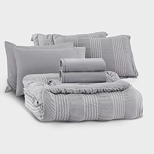Bedsure Twin Bed in A Bag - Twin Comforter Sets 6 Piece Stripes Seersucker Bedding Set, Soft Lightweight Down Alternative Comforter Twin Bed Set(Grey 68x88 inch)