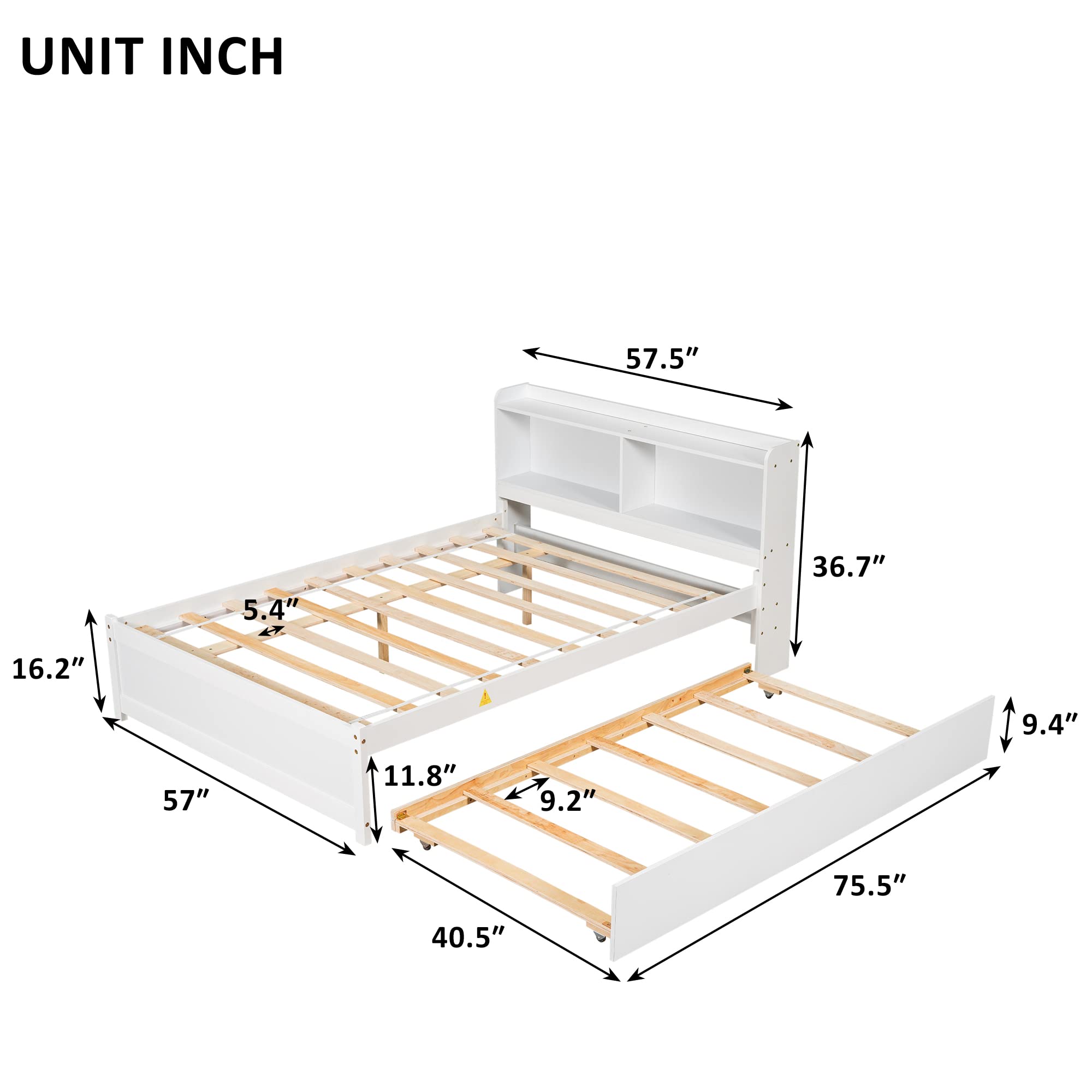 Lifeand Full Wooden Bed with Trundle,Bookcase,White