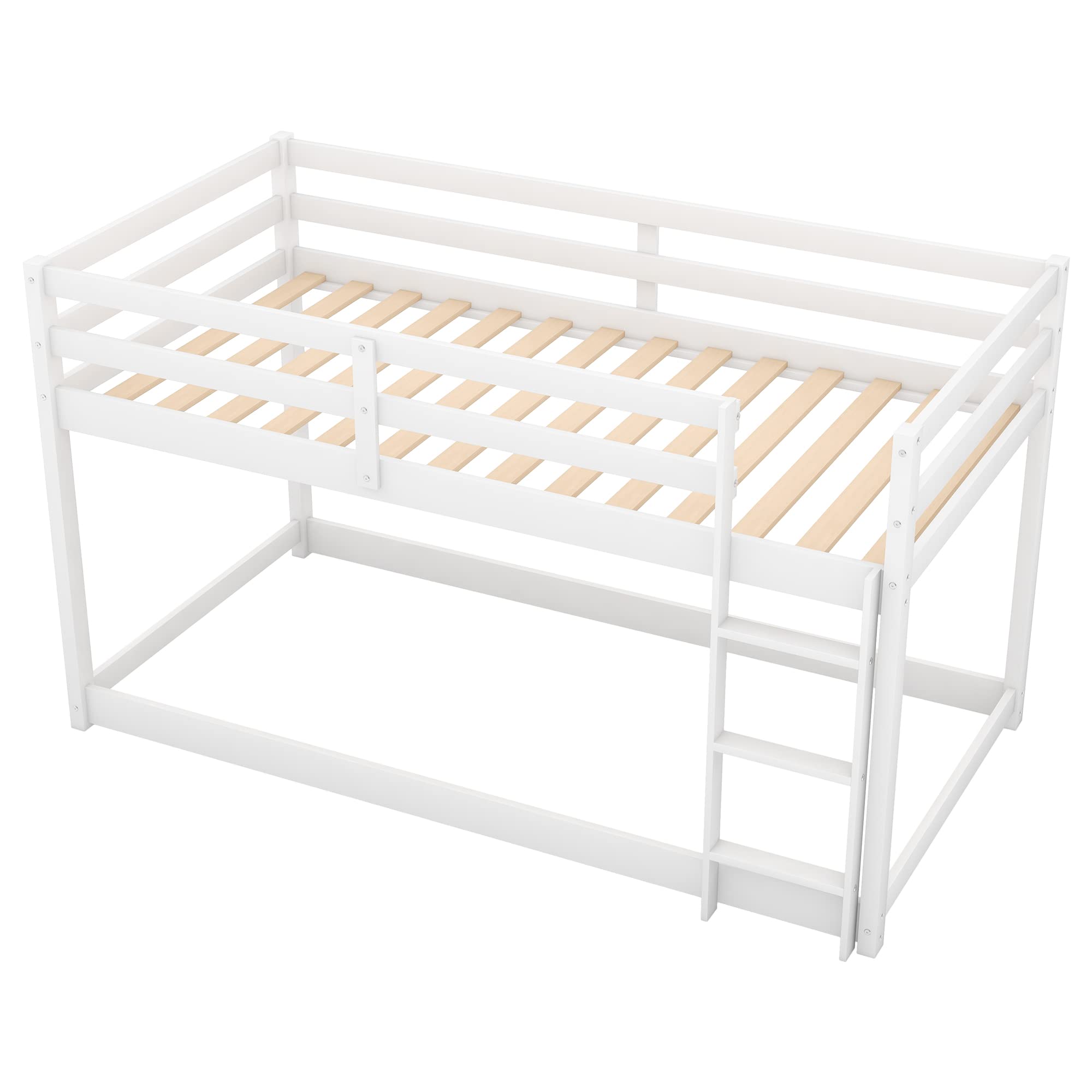 BIADNBZ Twin Over Twin Low Bunk Bed for Kids Teens Bedroom, Floor Wooden Bedframe with Built-in Ladder, Twin Size, White