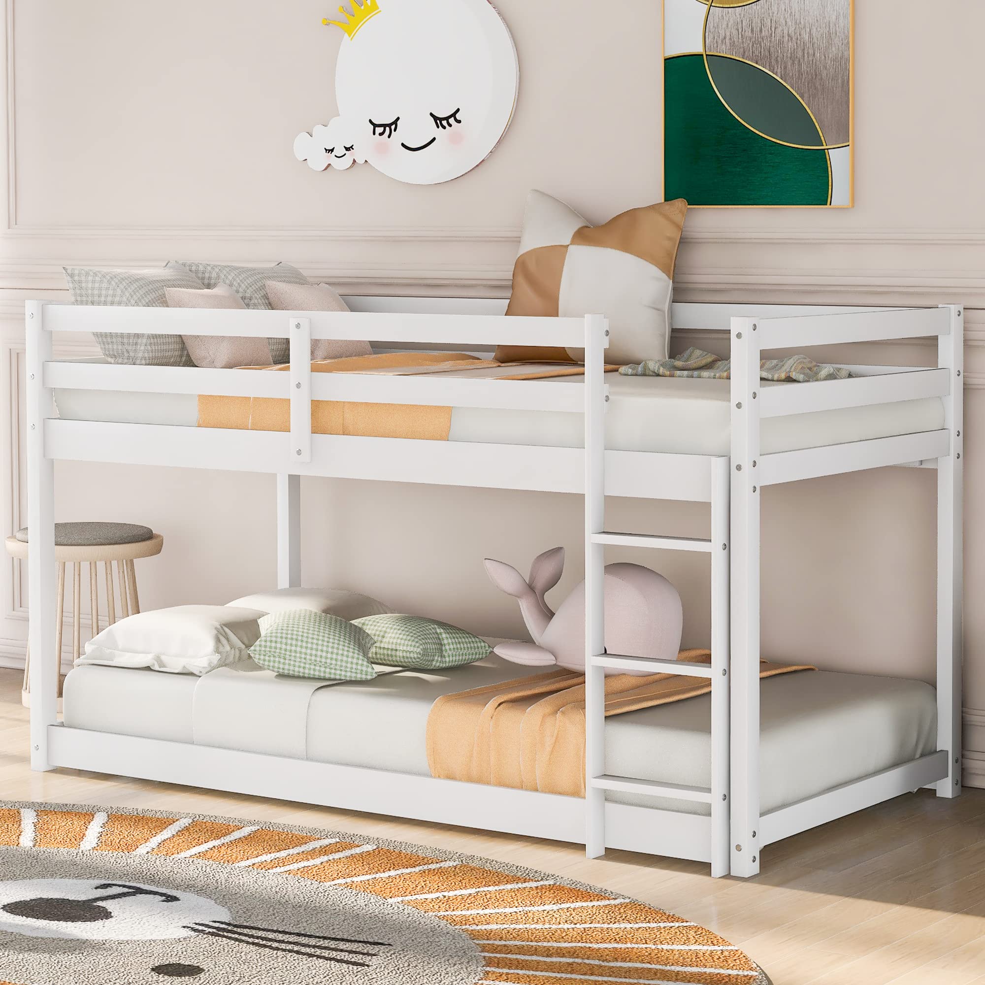 BIADNBZ Twin Over Twin Low Bunk Bed for Kids Teens Bedroom, Floor Wooden Bedframe with Built-in Ladder, Twin Size, White