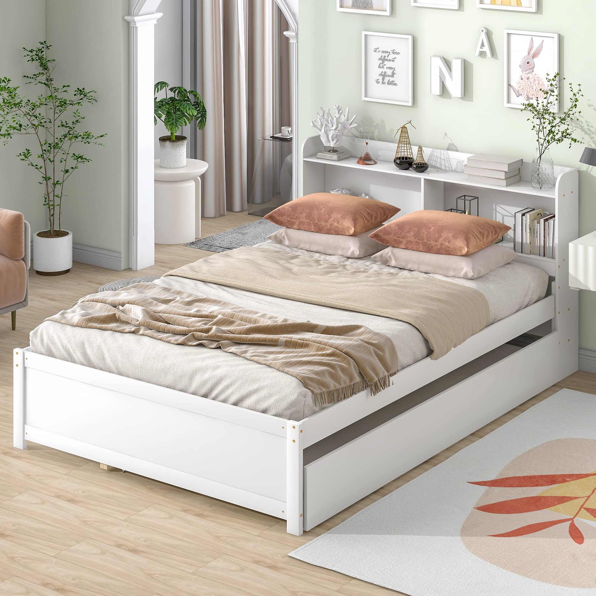 Lifeand Full Wooden Bed with Trundle,Bookcase,White