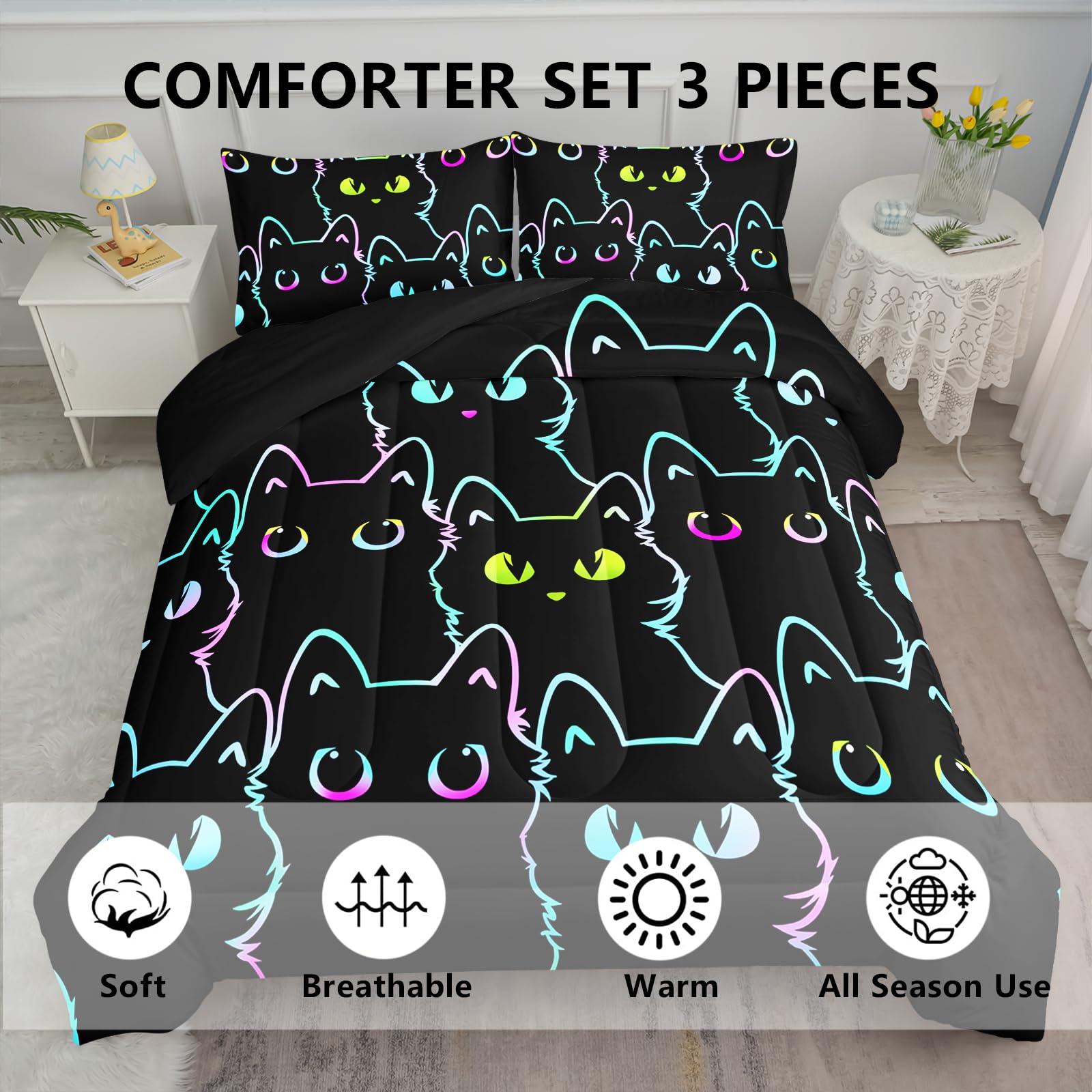 Axolotl Kids Bedding Cartoon Twin Size,Gradient Line Cute Cat Bedding Set for Teens Kids Boys Girls Adults Room Decor, All Season,1 Comforter 2 Pillow Cases,Black