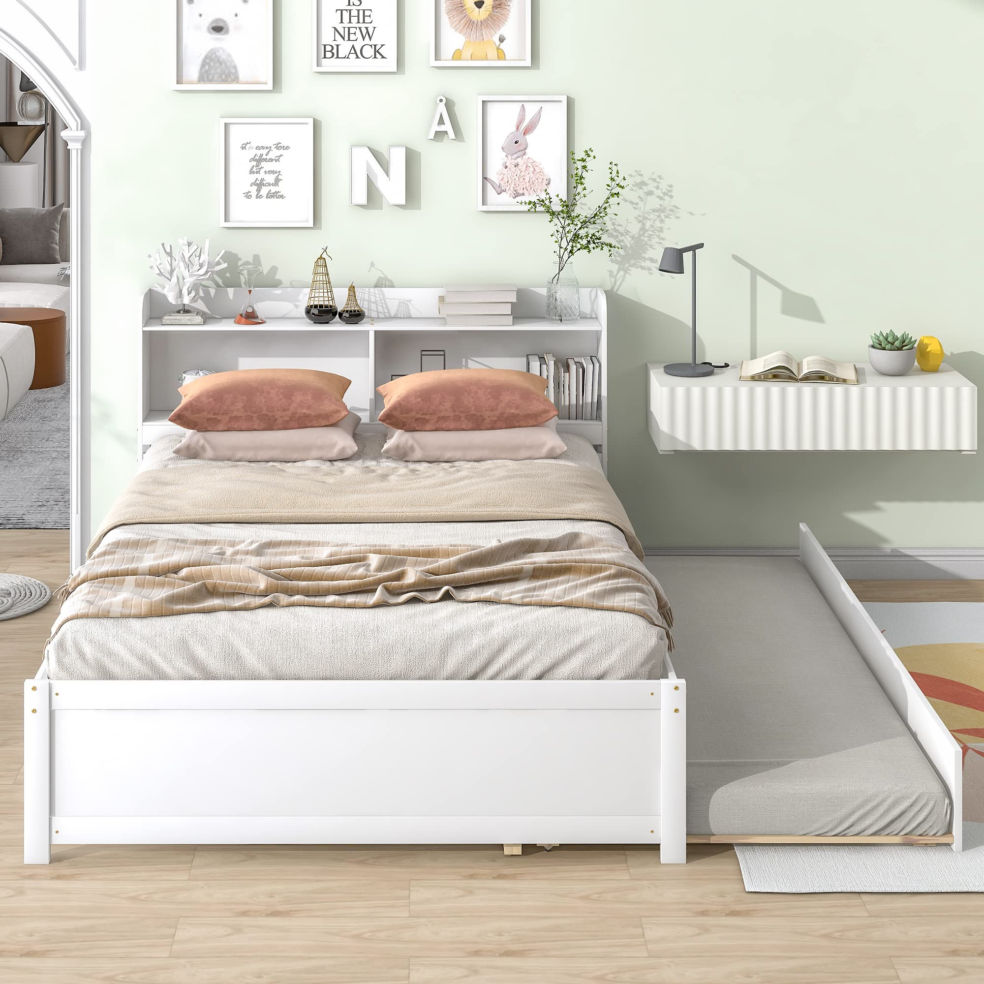 Lifeand Full Wooden Bed with Trundle,Bookcase,White