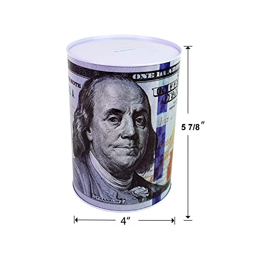 $100 Dollar Bill Piggy Bank 5 7/8" Tall Coin Saving Money Currency Benjamin Franklin Tin Can Banknote Jar (1 Pack, 5 7/8" X 4")