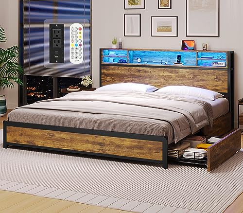 BTHFST King Bed Frame with Storage Drawers & Bookcase Headboard, Power Outlet, Metal King Size Platform Bed, Upgraded Double-Row Support Bars, Noise-Free, Vintage Brown