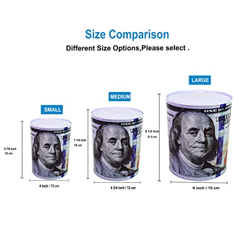 $100 Dollar Bill Piggy Bank 5 7/8" Tall Coin Saving Money Currency Benjamin Franklin Tin Can Banknote Jar (1 Pack, 5 7/8" X 4")