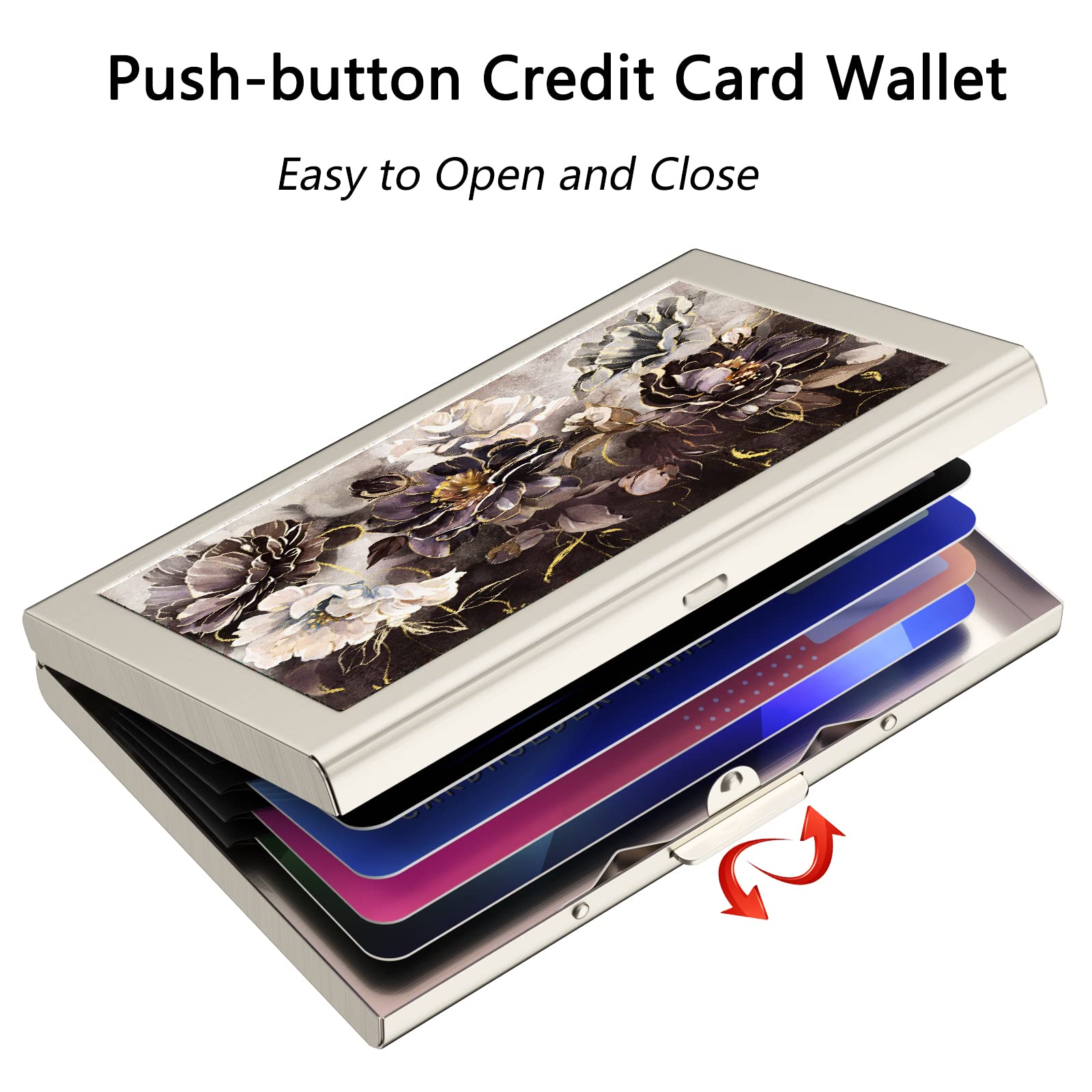 howfateam Credit Card Holder,Slim Card Holder Wallet,RFID protective Metal Card Holders, Credit Cards Card Organizer for Women Men,Black Flower