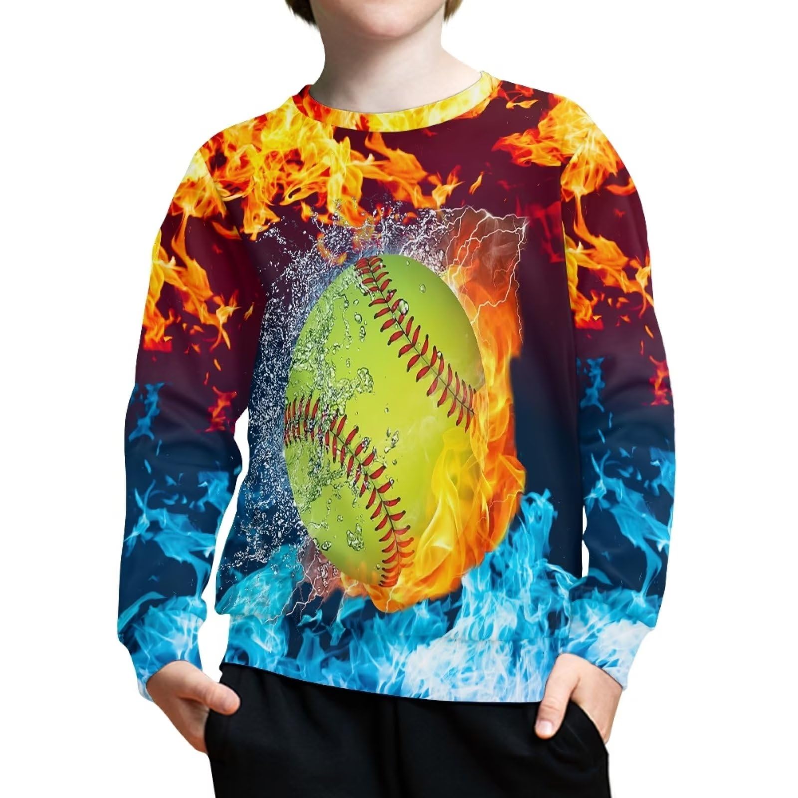 JEOCODY Baseball Crew Neck Sweatshirt Cute Pullover Sweater for Boys Long Sleeve T-Shirt Cool Clothes for Teens Kids Size 8-10 Years