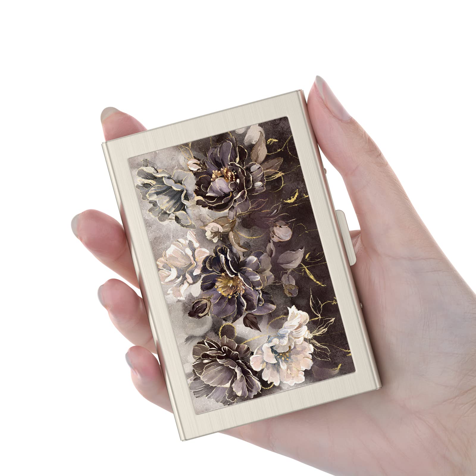 howfateam Credit Card Holder,Slim Card Holder Wallet,RFID protective Metal Card Holders, Credit Cards Card Organizer for Women Men,Black Flower