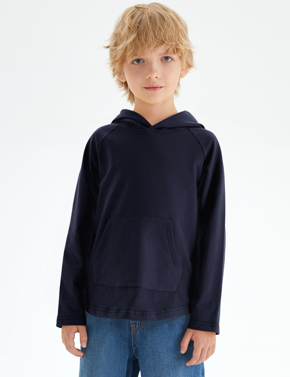 Spring&Gege Boys Light Weight Long Sleeve Hooded T-shirt Casual Solid Pullover Hoodie with Pocket, Navy, 9-10 Years