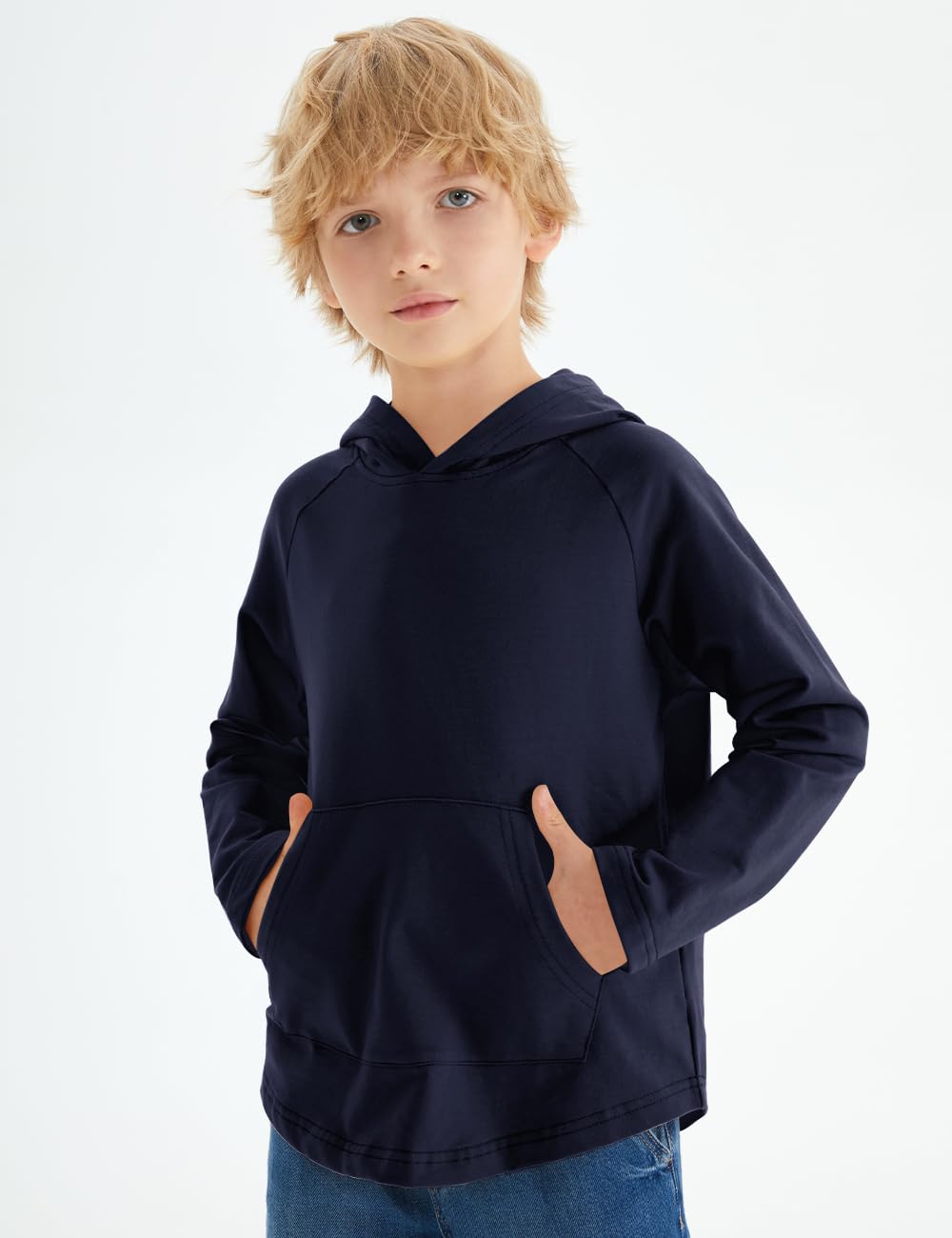 Spring&Gege Boys Light Weight Long Sleeve Hooded T-shirt Casual Solid Pullover Hoodie with Pocket, Navy, 9-10 Years