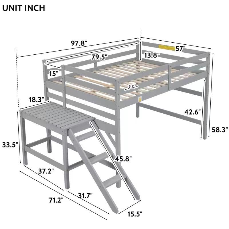 Lifeand Full Loft Wooden Bed with Platform,Ladder,Grey