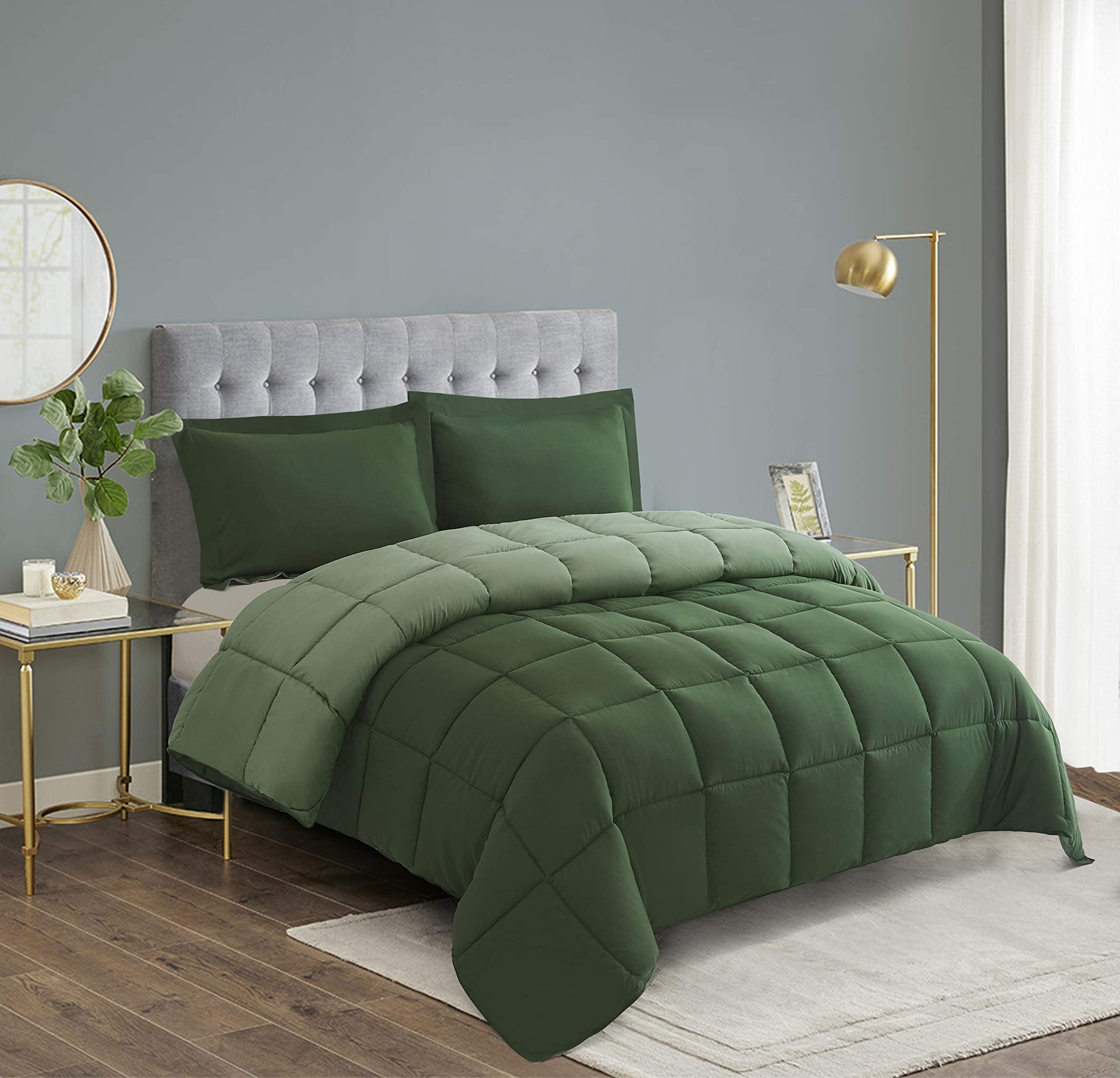 HIG 3pc Green Twin/Twin XL Comforter Set - All Season Reversible Down Alternative Comforter with Sham - Quilted Duvet Insert with Corner Tabs - Box Stitched Blanket - Breathable, Soft, Fluffy