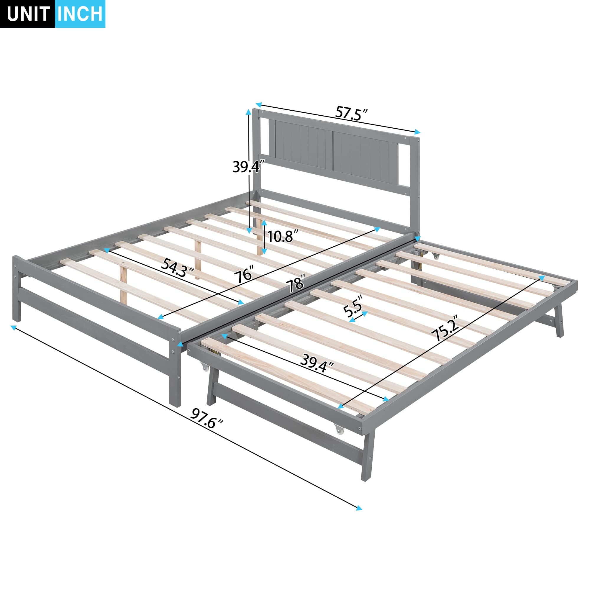 Harper & Bright Designs Full Size Bed Frame with Adjustable Trundle, Wooden Full Platform Bed with Headboard, Full Trundle Bed Frame for Kids, Teens, Adults, No Box Spring Needed, Gray