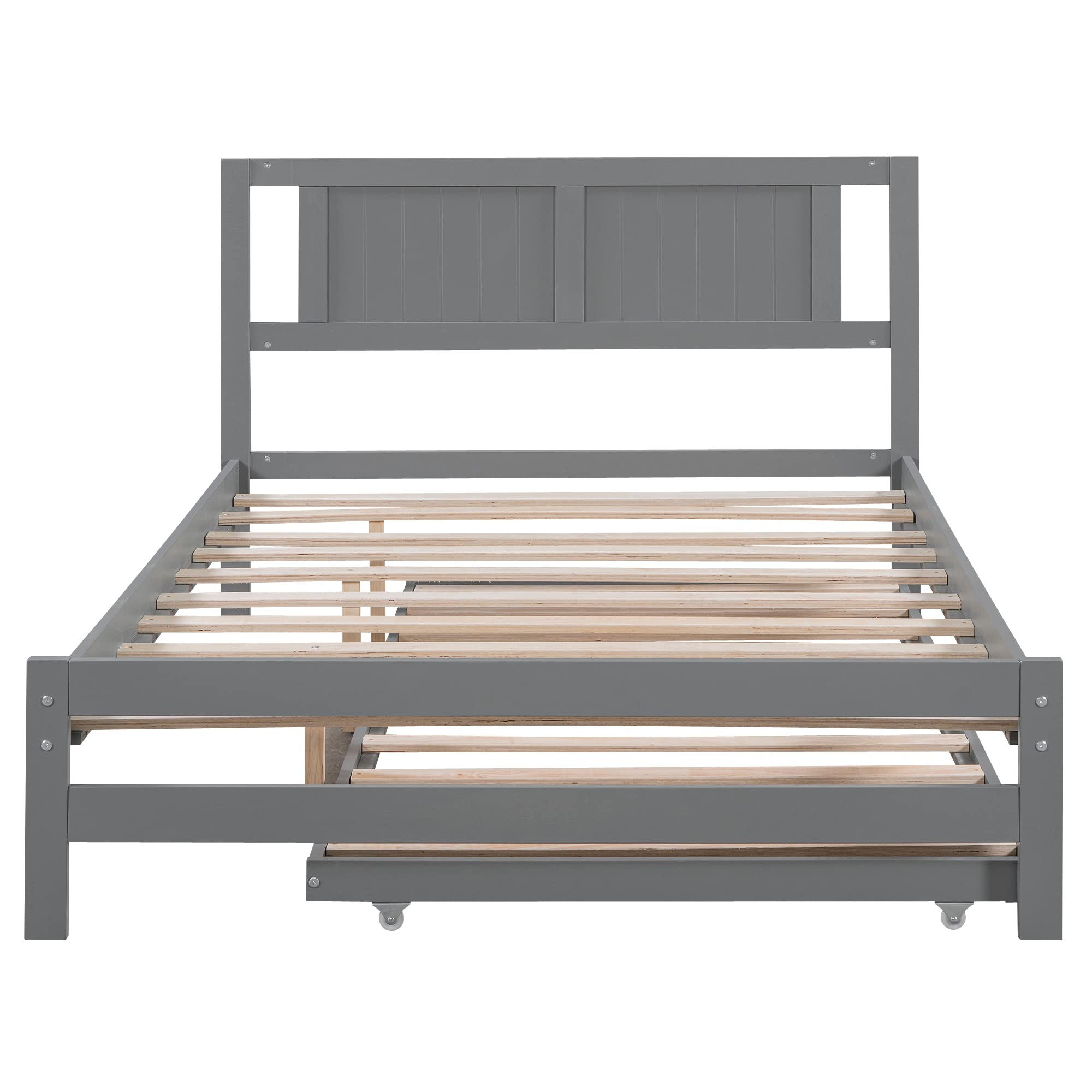Harper & Bright Designs Full Size Bed Frame with Adjustable Trundle, Wooden Full Platform Bed with Headboard, Full Trundle Bed Frame for Kids, Teens, Adults, No Box Spring Needed, Gray