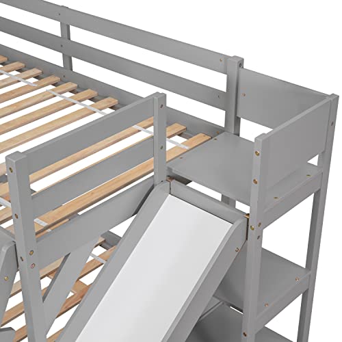 GLORHOME Twin Over Full Bunk Bed,Wooden Bunk Bed, Bunk Bed with Drawers,Slide,Grey