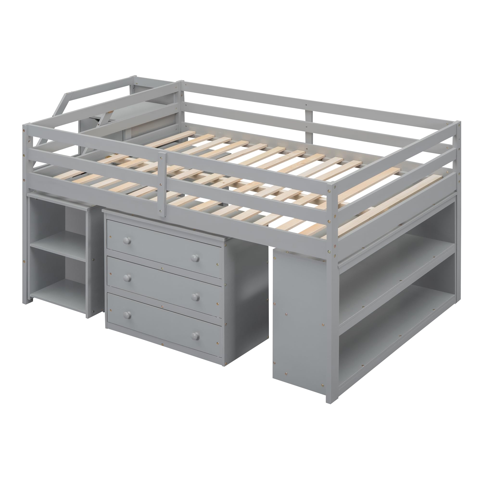 Lifeand Full Size Loft Bed with Retractable Writing Desk and 3 Drawers, Wooden Loft Bed with Storage Stairs and Shelves, Gray