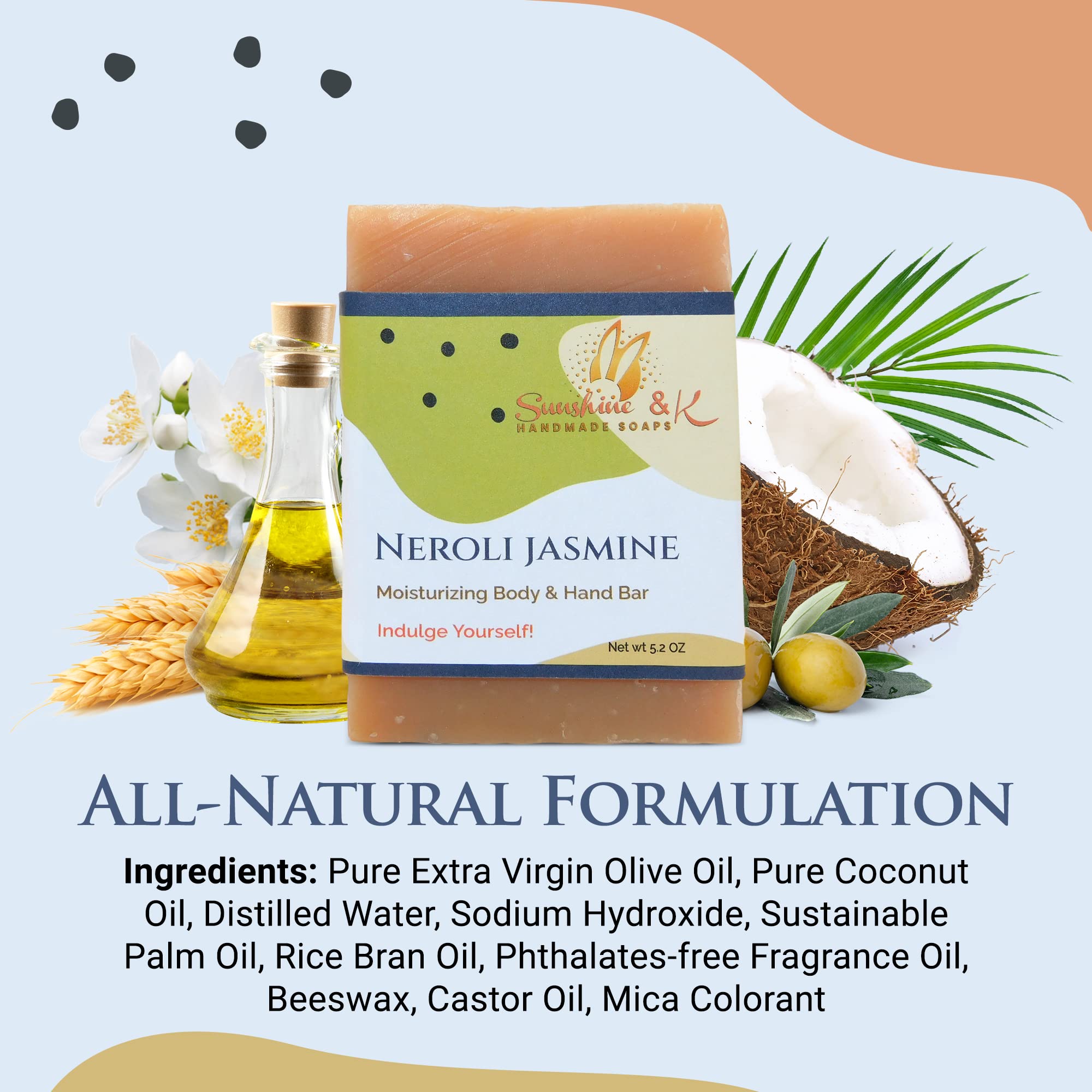 Neroli Jasmine - Body & Hand Soap Bar, Handmade Bath Soap, Moisturizing Bar Soap With Beeswax, Rice Bran Oil, & Natural Base Oils, Soap Bars, 5 oz - Sunshine & K Handmade Soaps