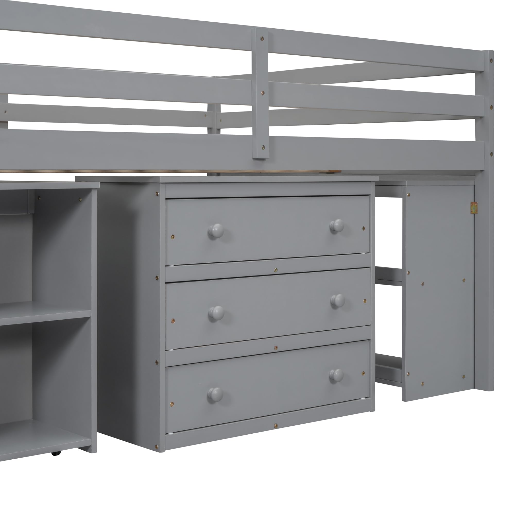 Lifeand Full Size Loft Bed with Retractable Writing Desk and 3 Drawers, Wooden Loft Bed with Storage Stairs and Shelves, Gray