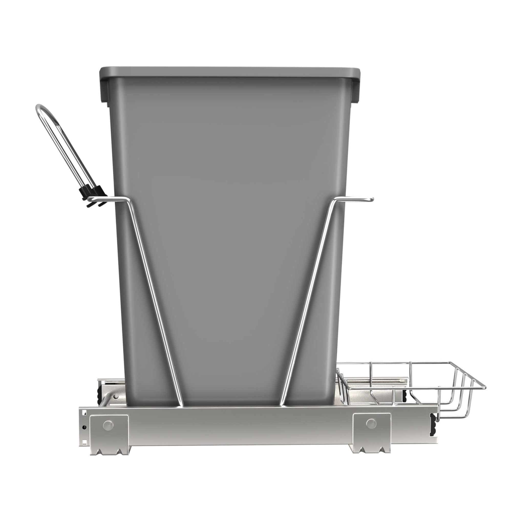 Rev-A-Shelf RV-12KD-17C Single 35 Quart Kitchen Cabinet Pull-Out Trash Can Waste Bin Container with Rear Storage and Chrome-Plated Wire Bottom Mount