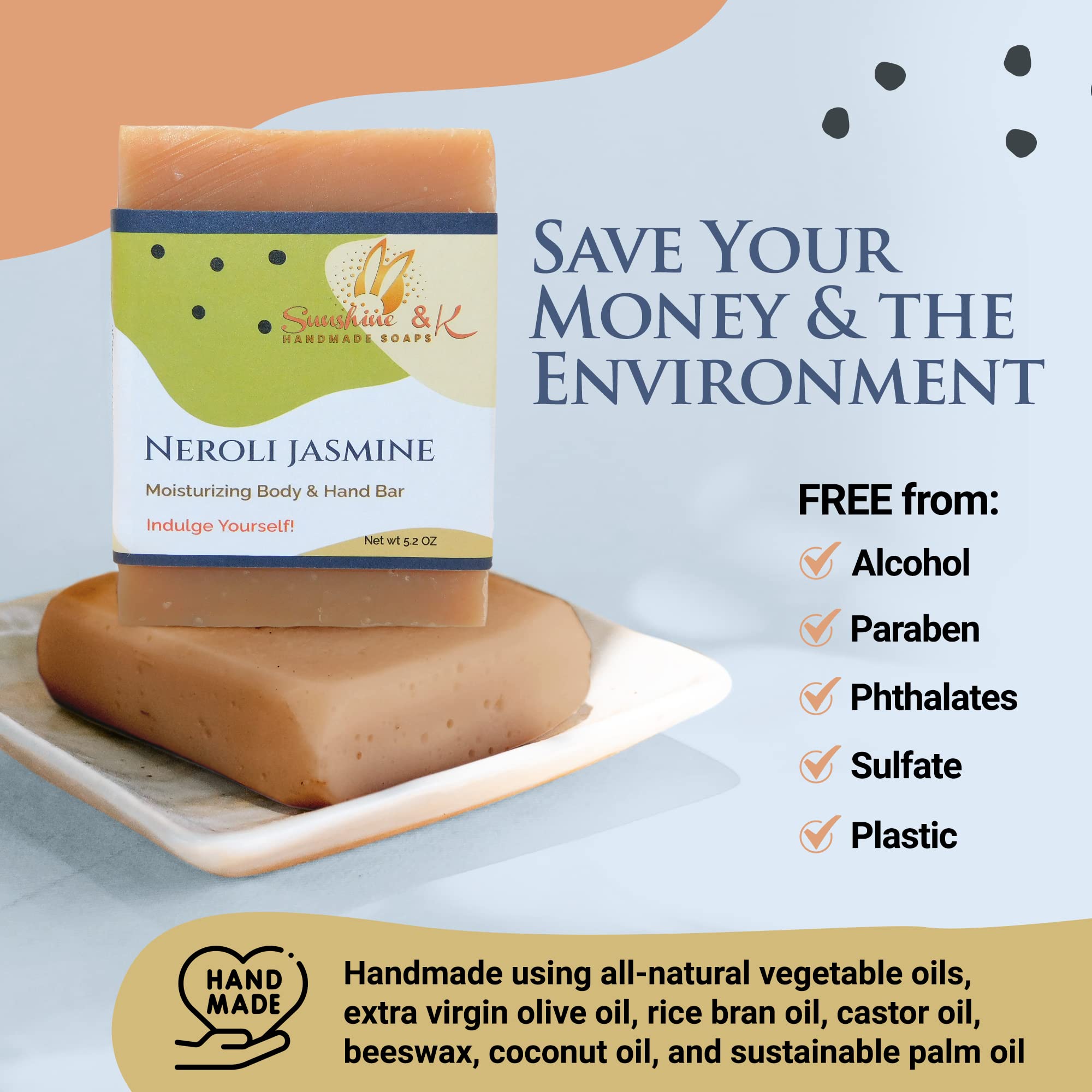 Neroli Jasmine - Body & Hand Soap Bar, Handmade Bath Soap, Moisturizing Bar Soap With Beeswax, Rice Bran Oil, & Natural Base Oils, Soap Bars, 5 oz - Sunshine & K Handmade Soaps