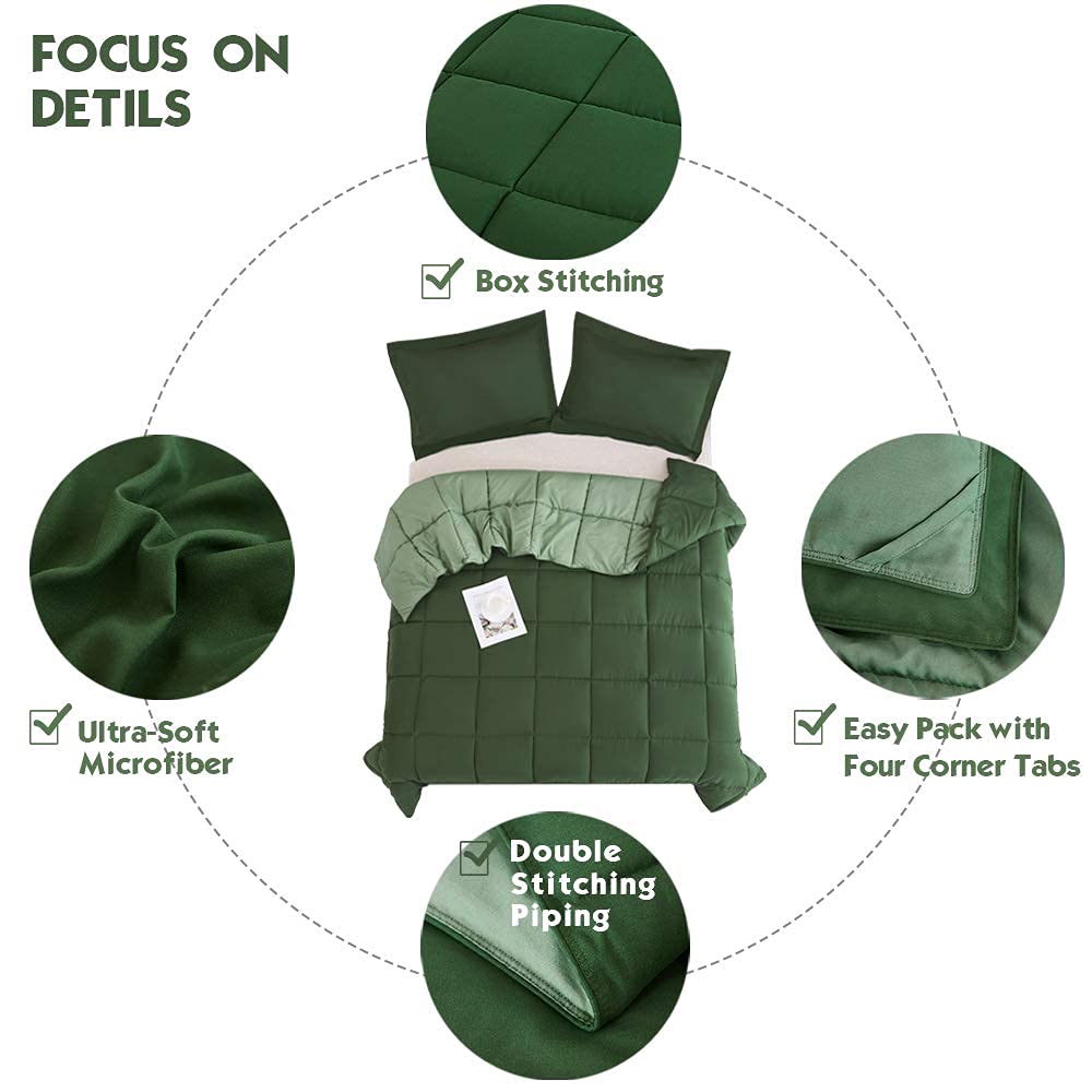 HIG 3pc Green Twin/Twin XL Comforter Set - All Season Reversible Down Alternative Comforter with Sham - Quilted Duvet Insert with Corner Tabs - Box Stitched Blanket - Breathable, Soft, Fluffy