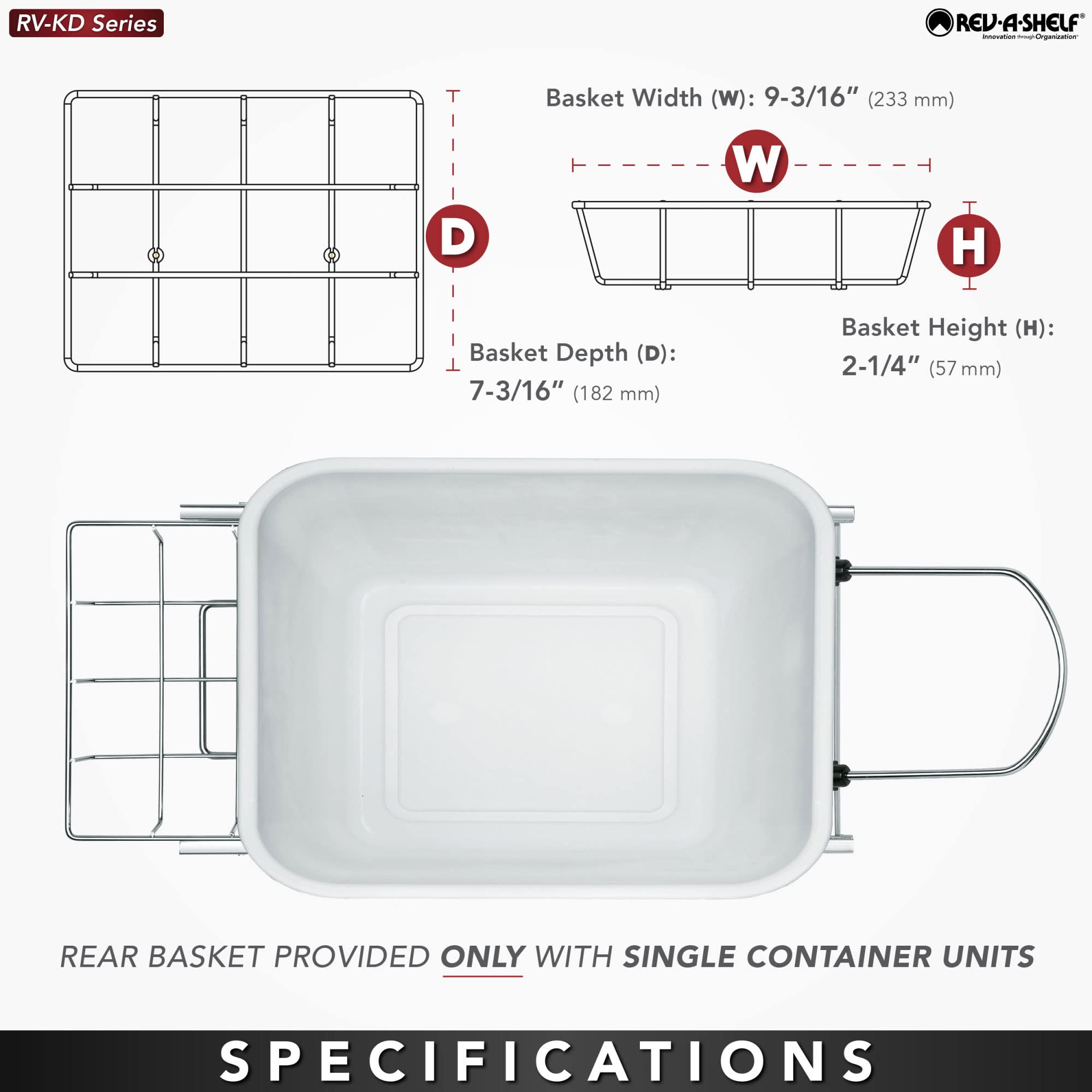 Rev-A-Shelf RV-12KD-17C Single 35 Quart Kitchen Cabinet Pull-Out Trash Can Waste Bin Container with Rear Storage and Chrome-Plated Wire Bottom Mount