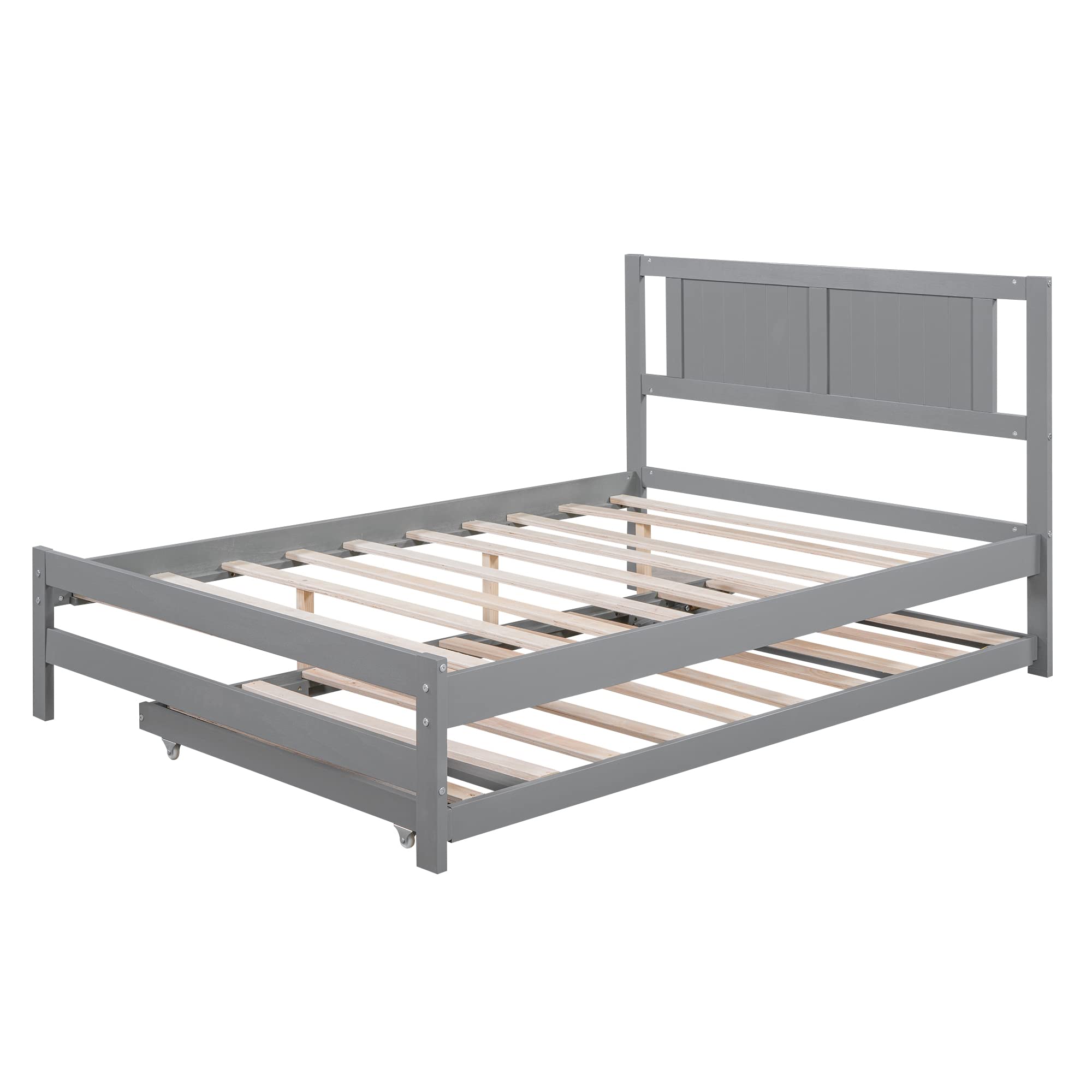 Harper & Bright Designs Full Size Bed Frame with Adjustable Trundle, Wooden Full Platform Bed with Headboard, Full Trundle Bed Frame for Kids, Teens, Adults, No Box Spring Needed, Gray