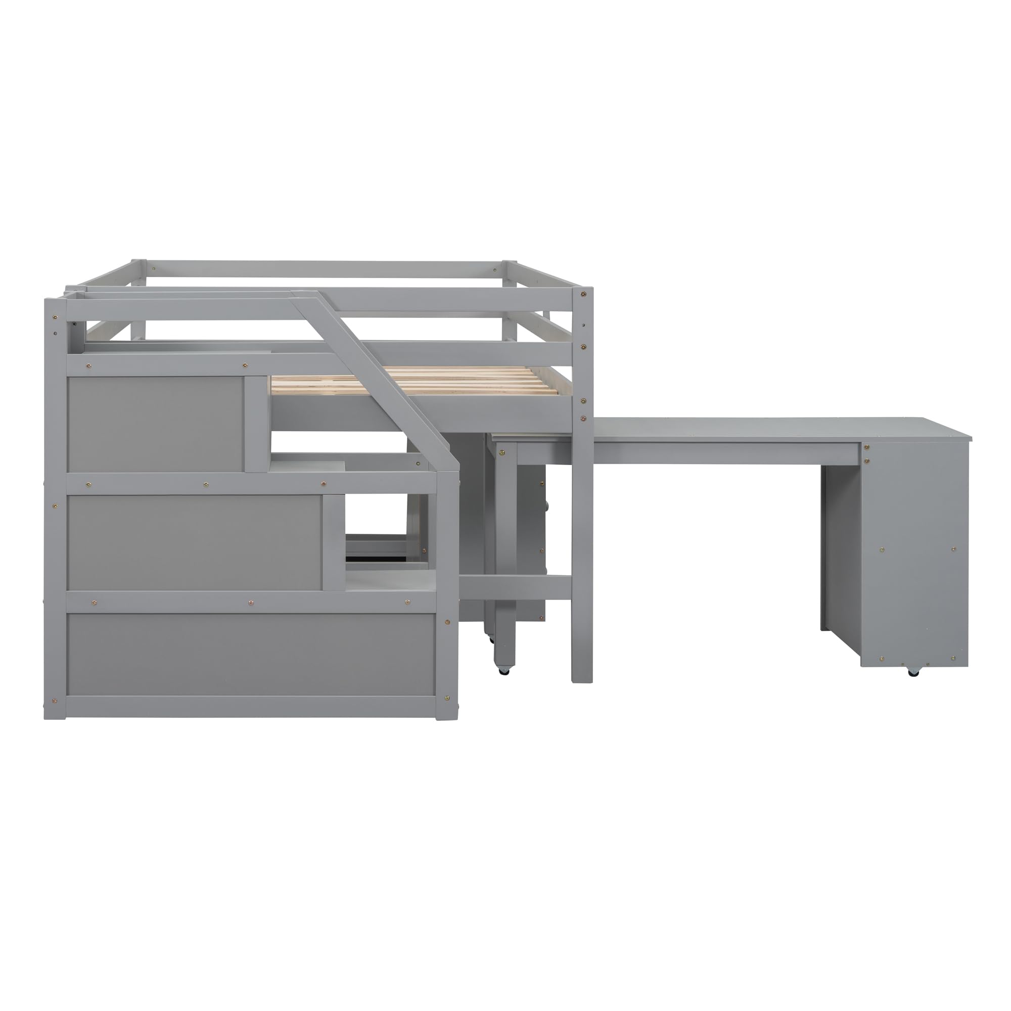 Lifeand Full Size Loft Bed with Retractable Writing Desk and 3 Drawers, Wooden Loft Bed with Storage Stairs and Shelves, Gray