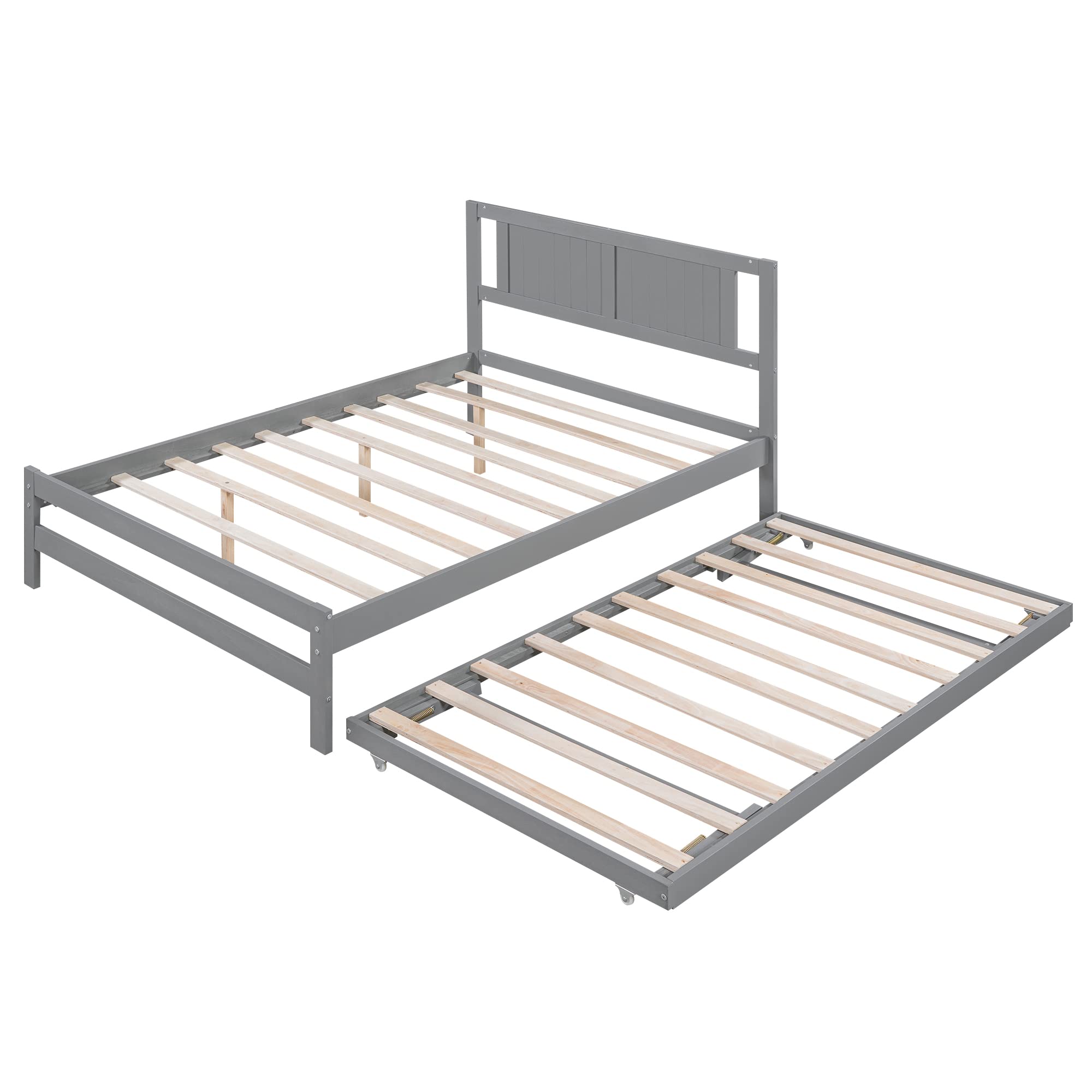 Harper & Bright Designs Full Size Bed Frame with Adjustable Trundle, Wooden Full Platform Bed with Headboard, Full Trundle Bed Frame for Kids, Teens, Adults, No Box Spring Needed, Gray
