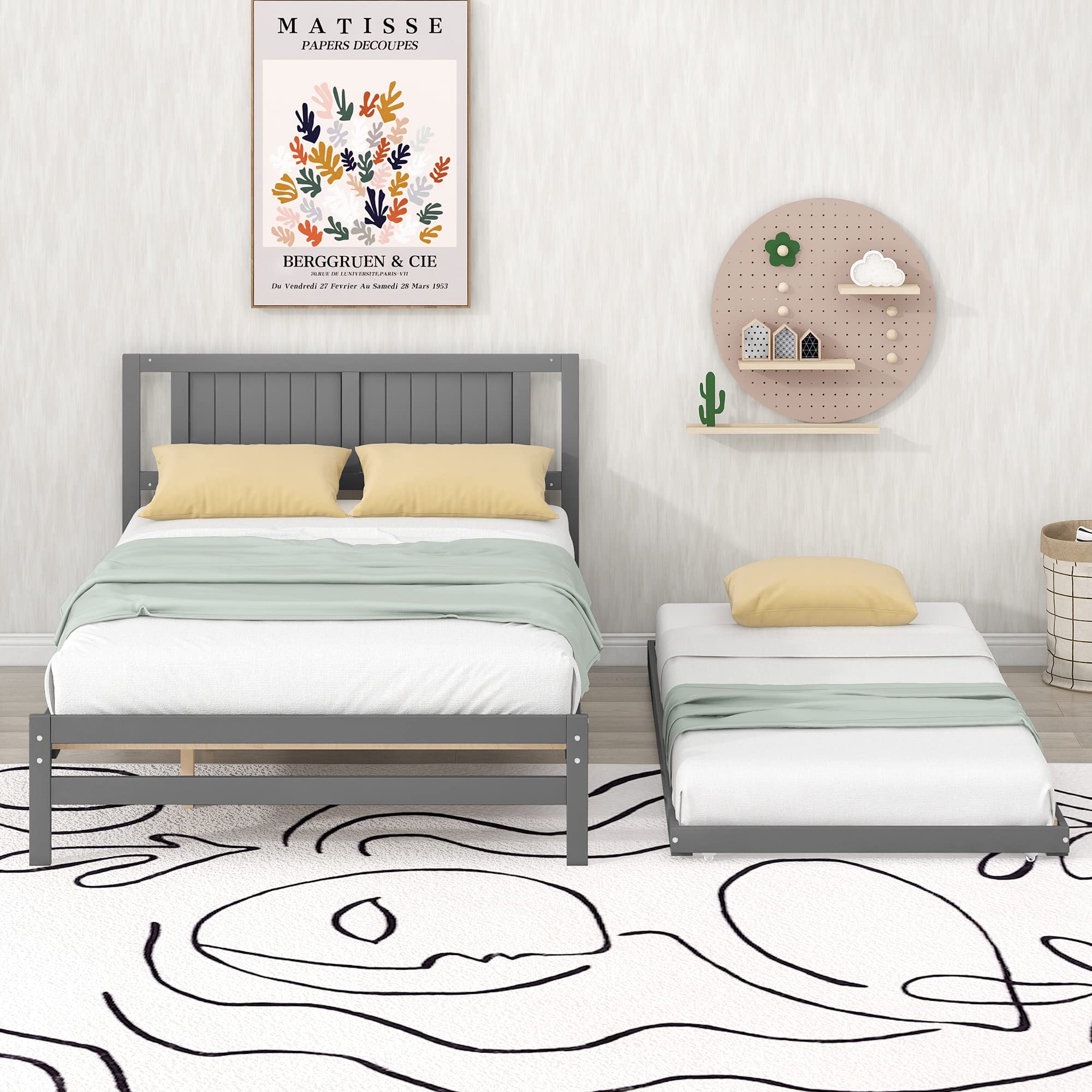 Harper & Bright Designs Full Size Bed Frame with Adjustable Trundle, Wooden Full Platform Bed with Headboard, Full Trundle Bed Frame for Kids, Teens, Adults, No Box Spring Needed, Gray