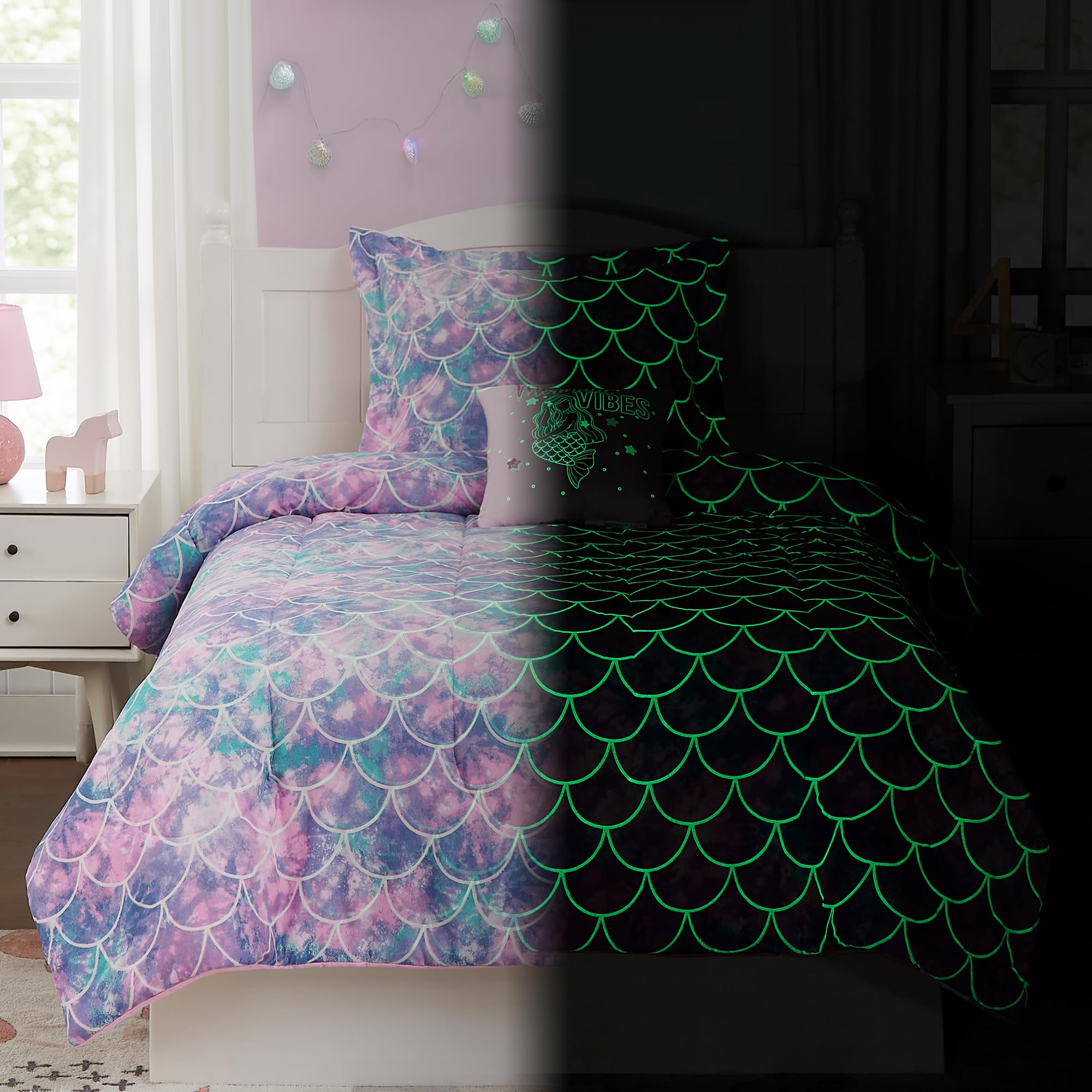Kaleido Space Kids Comforter Set Twin Size for Girls, Glow in The Dark Mermaid Bedding Set 1 Comforter, 1 Decor Pillow, 1 Pillow Shams