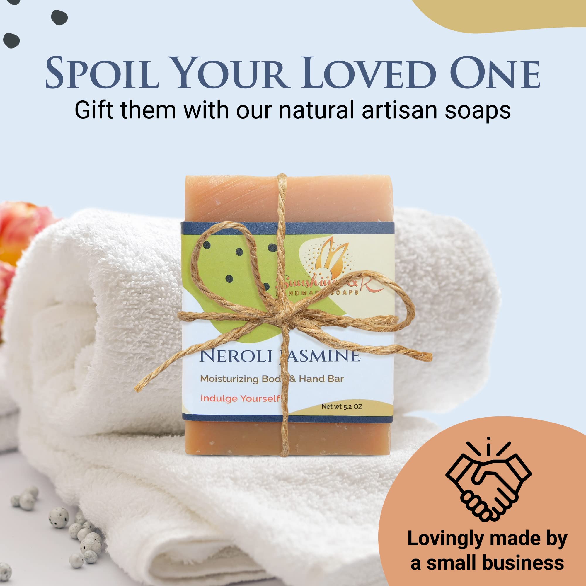Neroli Jasmine - Body & Hand Soap Bar, Handmade Bath Soap, Moisturizing Bar Soap With Beeswax, Rice Bran Oil, & Natural Base Oils, Soap Bars, 5 oz - Sunshine & K Handmade Soaps