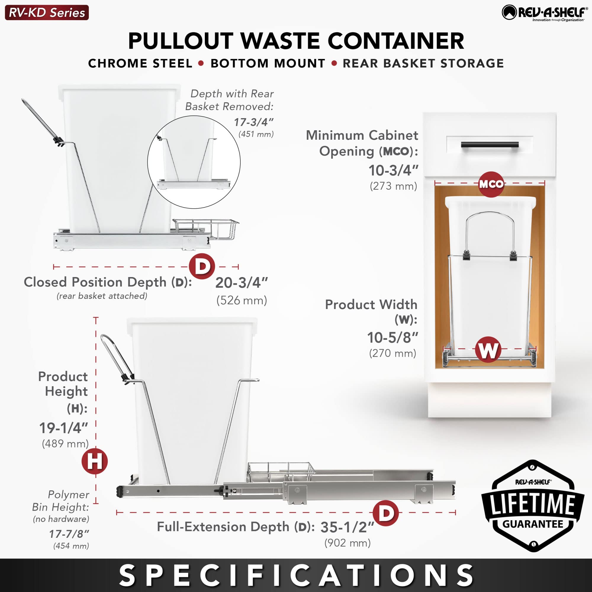 Rev-A-Shelf RV-12KD-17C Single 35 Quart Kitchen Cabinet Pull-Out Trash Can Waste Bin Container with Rear Storage and Chrome-Plated Wire Bottom Mount