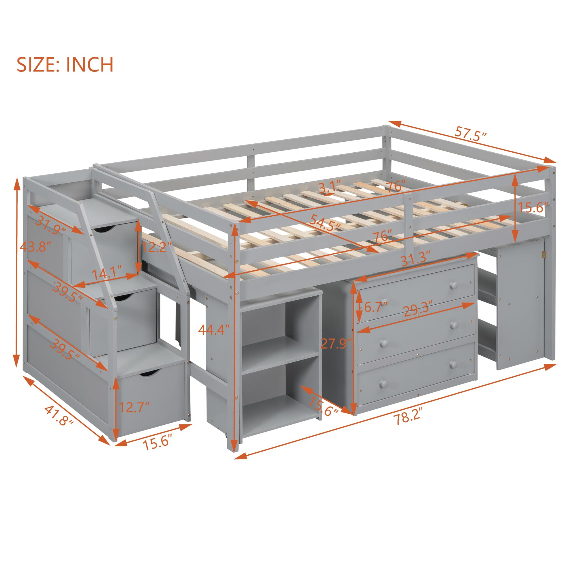 Lifeand Full Size Loft Bed with Retractable Writing Desk and 3 Drawers, Wooden Loft Bed with Storage Stairs and Shelves, Gray