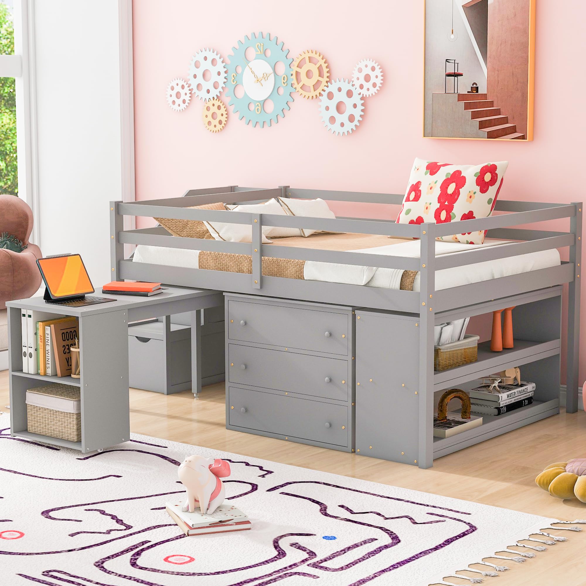 Lifeand Full Size Loft Bed with Retractable Writing Desk and 3 Drawers, Wooden Loft Bed with Storage Stairs and Shelves, Gray