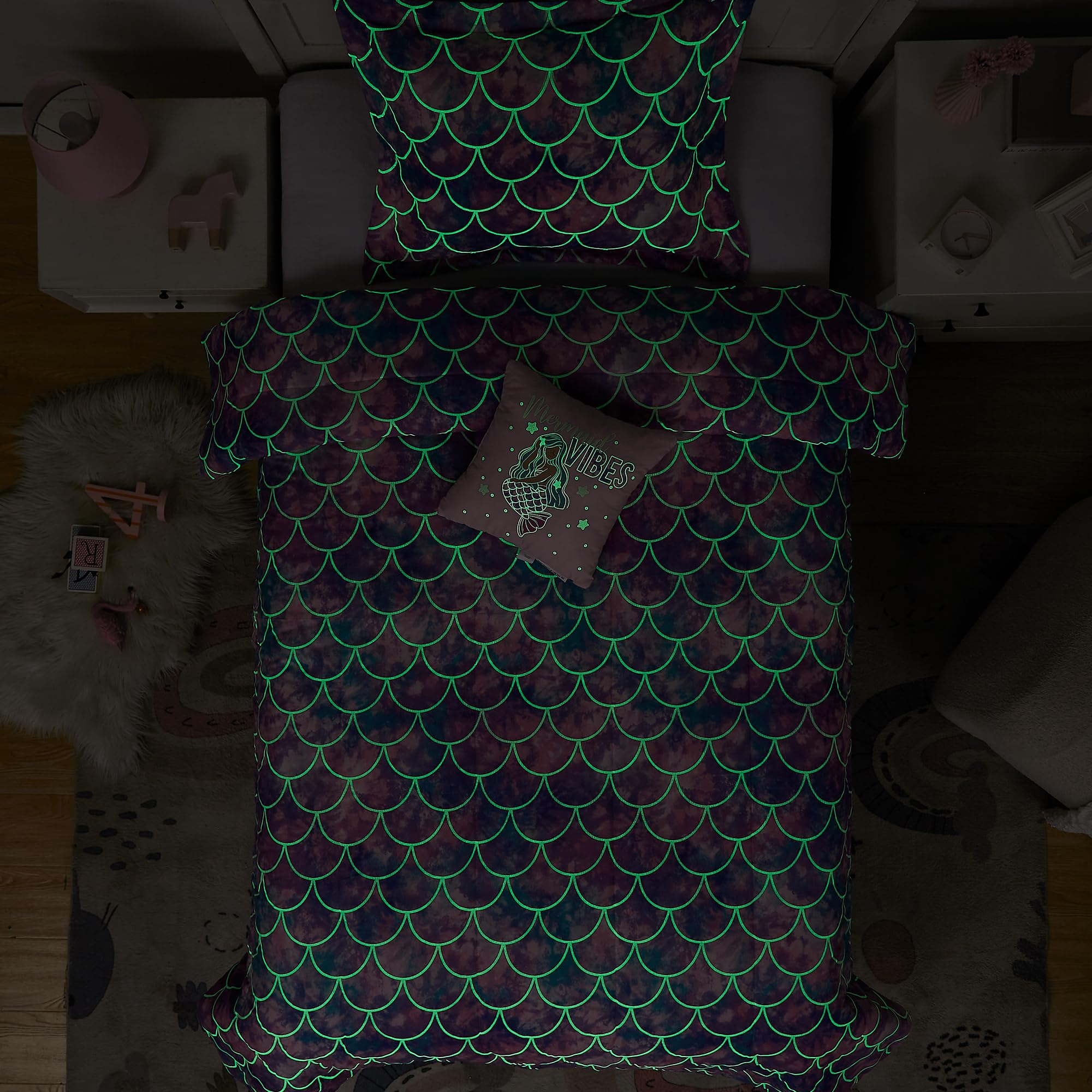 Kaleido Space Kids Comforter Set Twin Size for Girls, Glow in The Dark Mermaid Bedding Set 1 Comforter, 1 Decor Pillow, 1 Pillow Shams