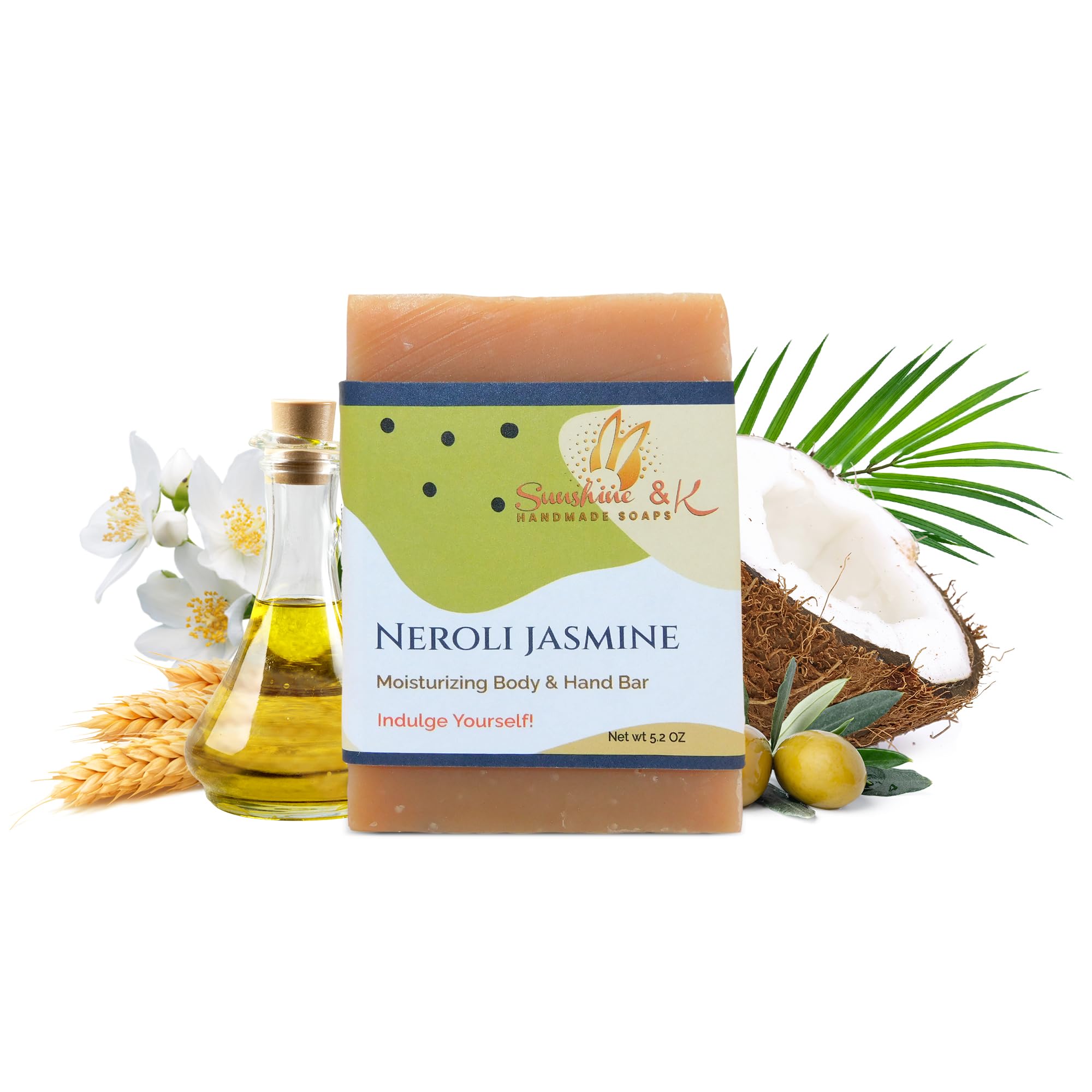 Neroli Jasmine - Body & Hand Soap Bar, Handmade Bath Soap, Moisturizing Bar Soap With Beeswax, Rice Bran Oil, & Natural Base Oils, Soap Bars, 5 oz - Sunshine & K Handmade Soaps