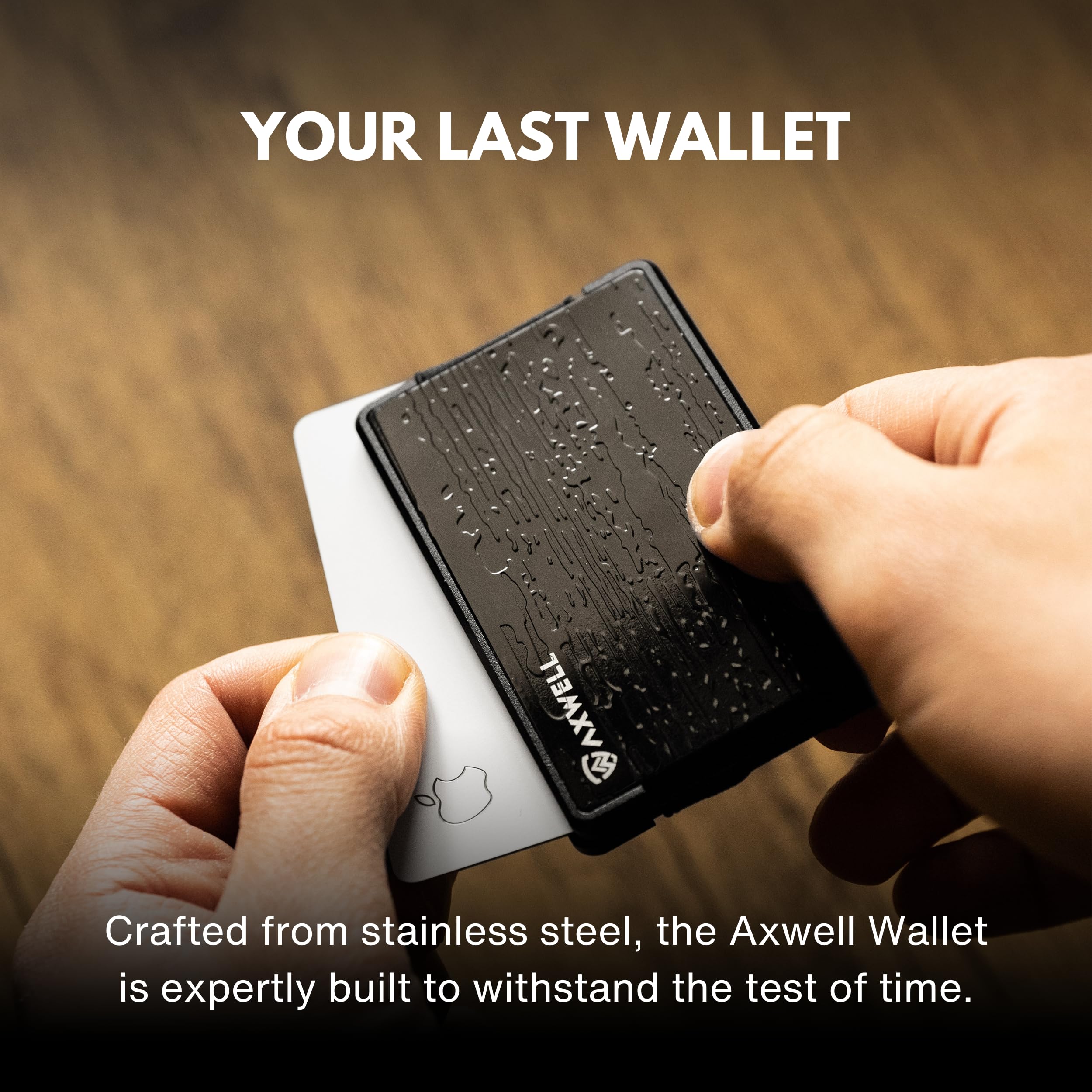 Axwell Damascus Steel Slim Minimalist Wallet For Men - RFID Blocking Front Pocket Card Holder - Tactical Metal Wallet with Money Clip and Cash Strap (Black Damascus)