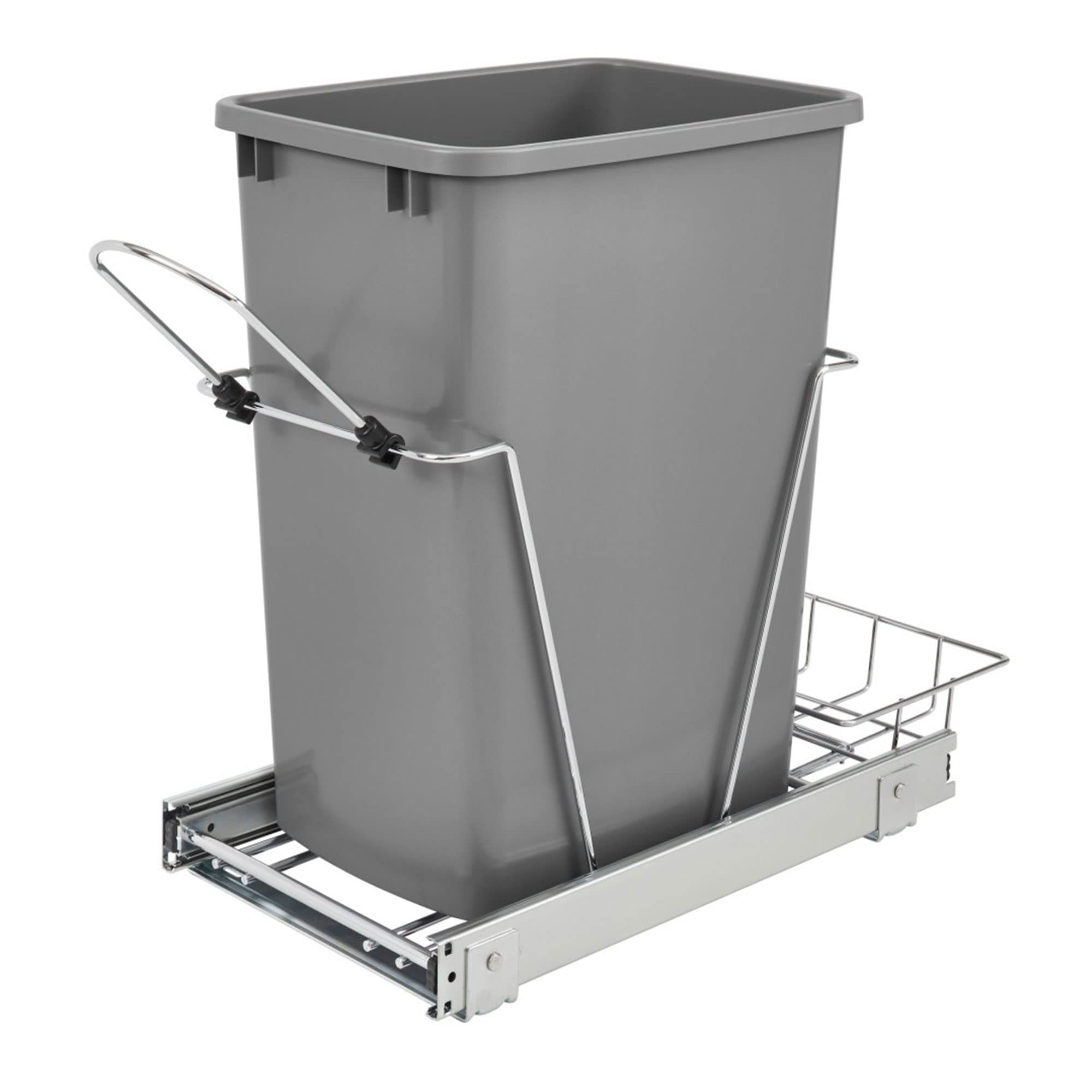 Rev-A-Shelf RV-12KD-17C Single 35 Quart Kitchen Cabinet Pull-Out Trash Can Waste Bin Container with Rear Storage and Chrome-Plated Wire Bottom Mount