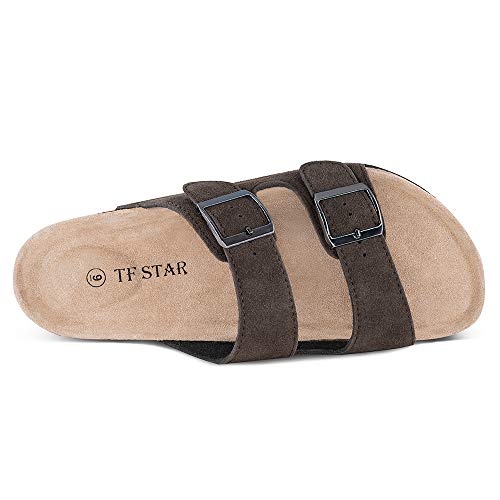 TF STAR Men’s Cow Suede Leather Slide Sandals,2-Strap Adjustable Buckle,Casual Slippers, Slide Cork Footbed shoes