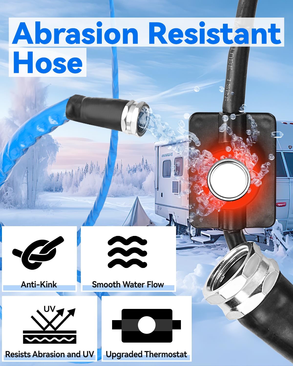 YIZBAP 15FT RV Heated Drinking Water Hose for 5/8" Inner Diameter, Freeze Protection Down to -20°F/-28°C with Energy Saving Thermostat, Includes 3/4" Adapter