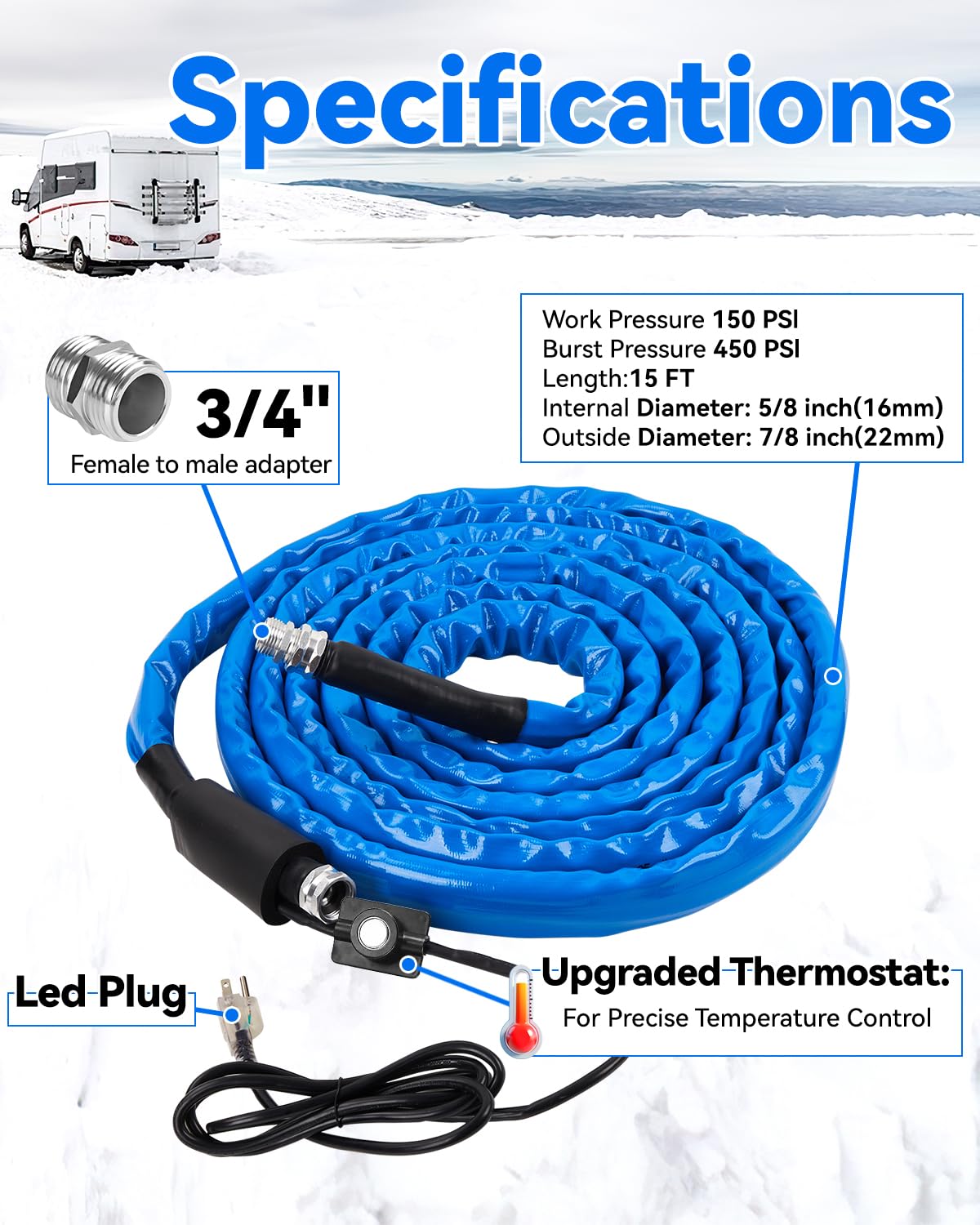 YIZBAP 15FT RV Heated Drinking Water Hose for 5/8" Inner Diameter, Freeze Protection Down to -20°F/-28°C with Energy Saving Thermostat, Includes 3/4" Adapter