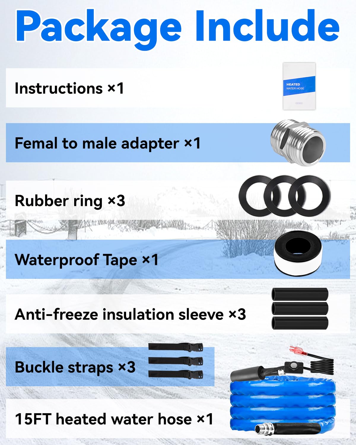 YIZBAP 15FT RV Heated Drinking Water Hose for 5/8" Inner Diameter, Freeze Protection Down to -20°F/-28°C with Energy Saving Thermostat, Includes 3/4" Adapter
