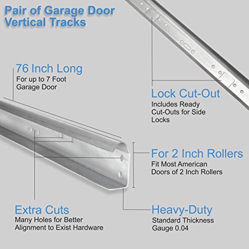 Garage Door Vertical Track Replacement โ Set of Left and Right for 7 Foot Tall - Galvanized Steel Hardware Door Rails for Residential/Light Commercial Side Tracks for 2-inch Rollers