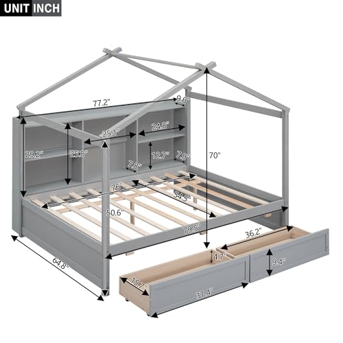 Yehha Full Size House Bed with Storage Shelves and 2 Drawers, Multifunctional Storage Wooden Bed for Boys & Girls Bedroom, Small Space, No Box Spring Needed/Wood Slats Support, Easy Assembly, Gray