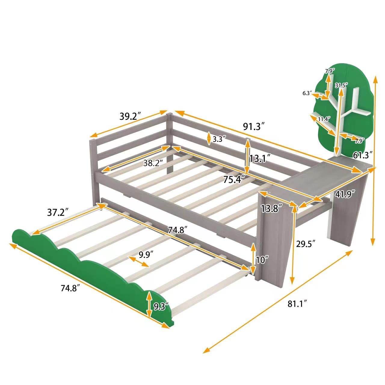 Lifeand Twin Size Wooden Daybed with Desk, Green Tree Shape Shelves and Trundle, Gray